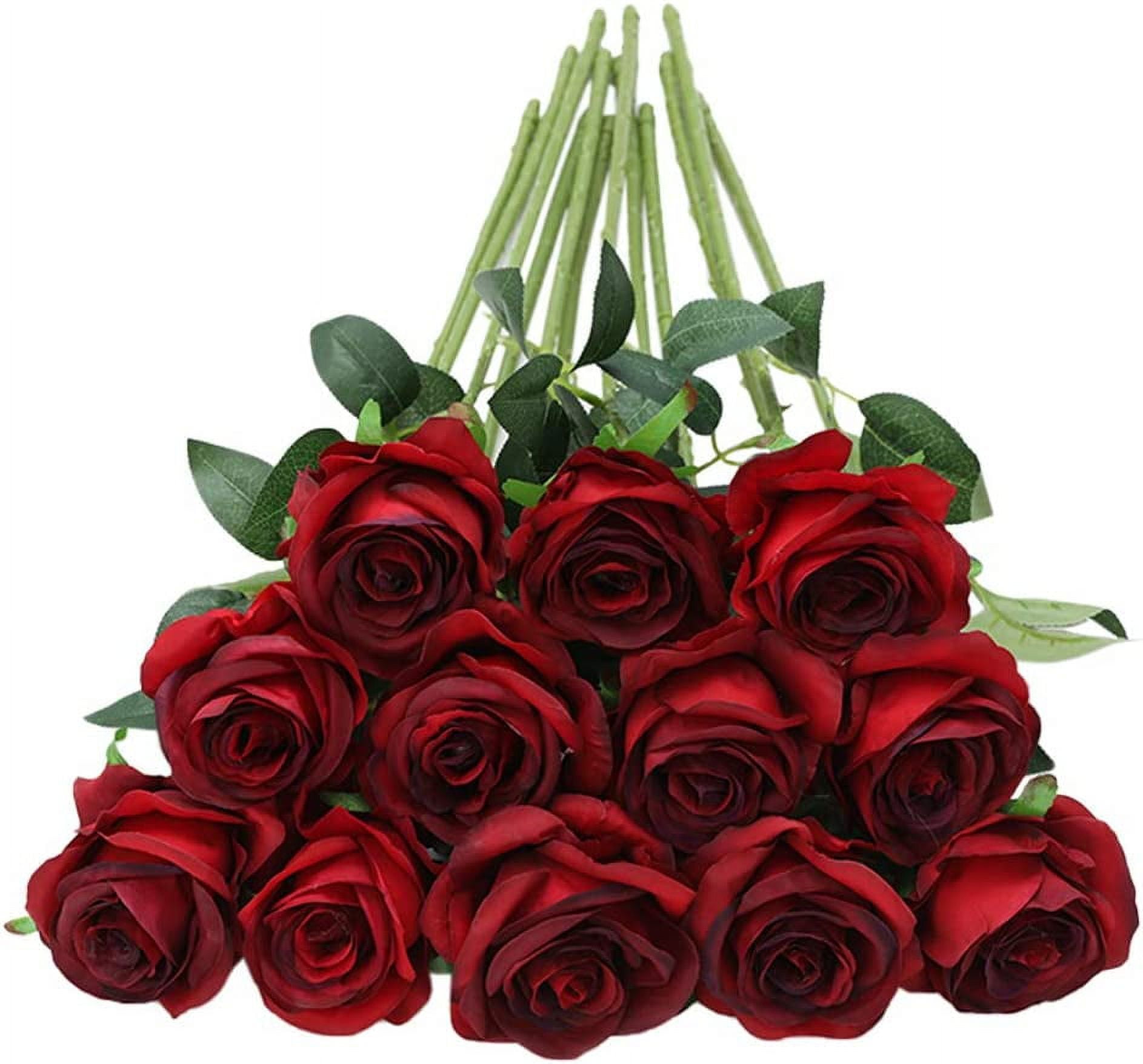 Burgundy Roses Artificial Flower, 12Pcs Realistic Long Single Stem Fake ...