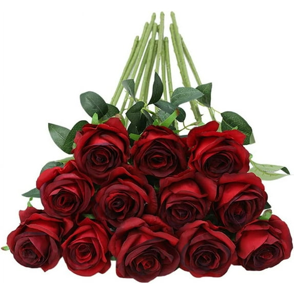 Burgundy Roses Artificial Flower, 12Pcs Realistic Long Single Stem Fake ...