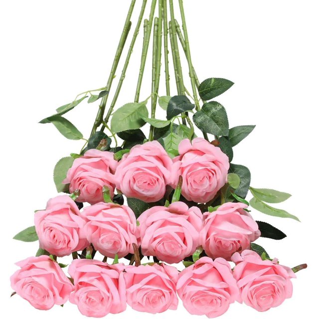 Burgundy Roses Artificial Flower, 12Pcs Realistic Long Single Stem Fake ...