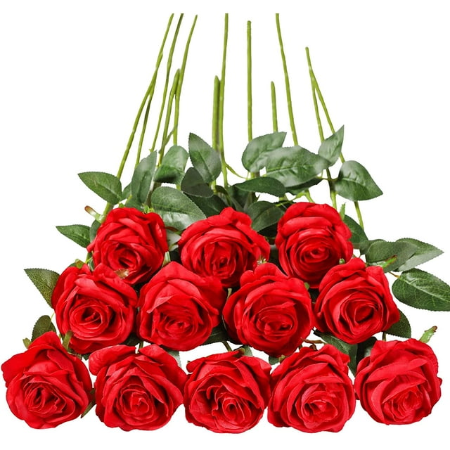 Burgundy Roses Artificial Flower, 12Pcs Realistic Long Single Stem Fake ...