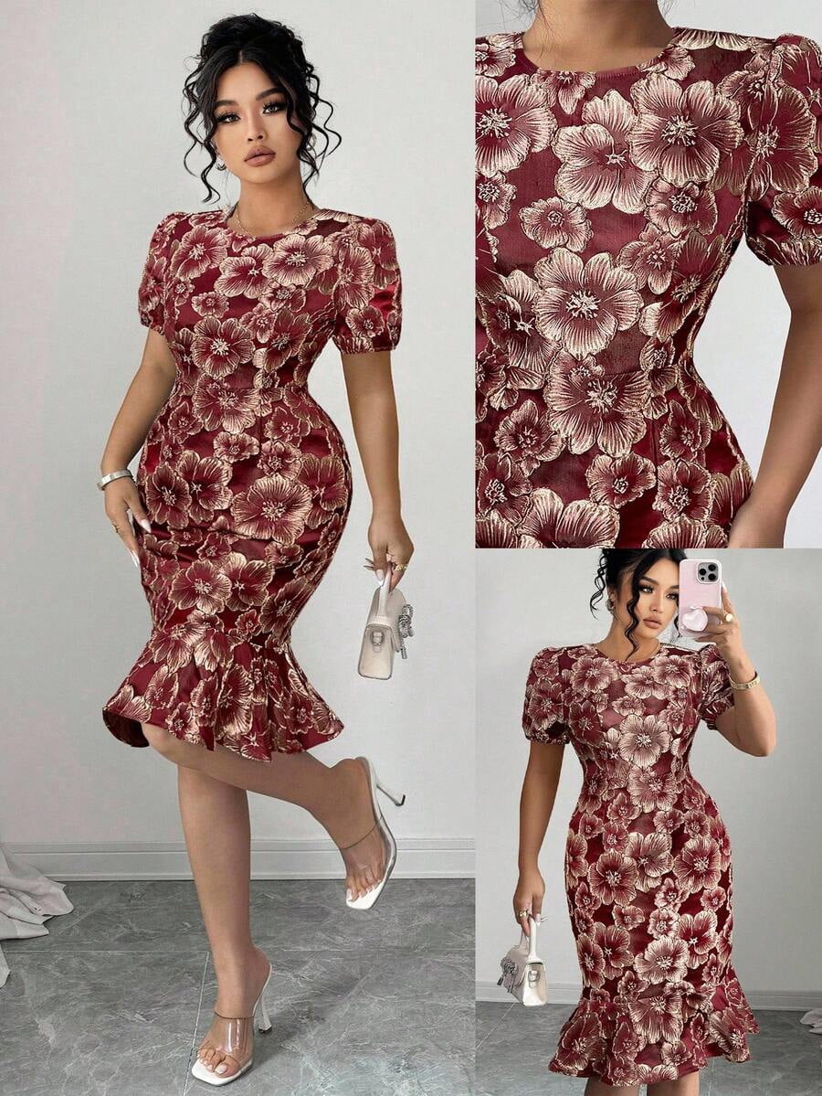 Burgundy Round Neck Short Sleeve Textured 3D Embroidered Floral Fitted ...