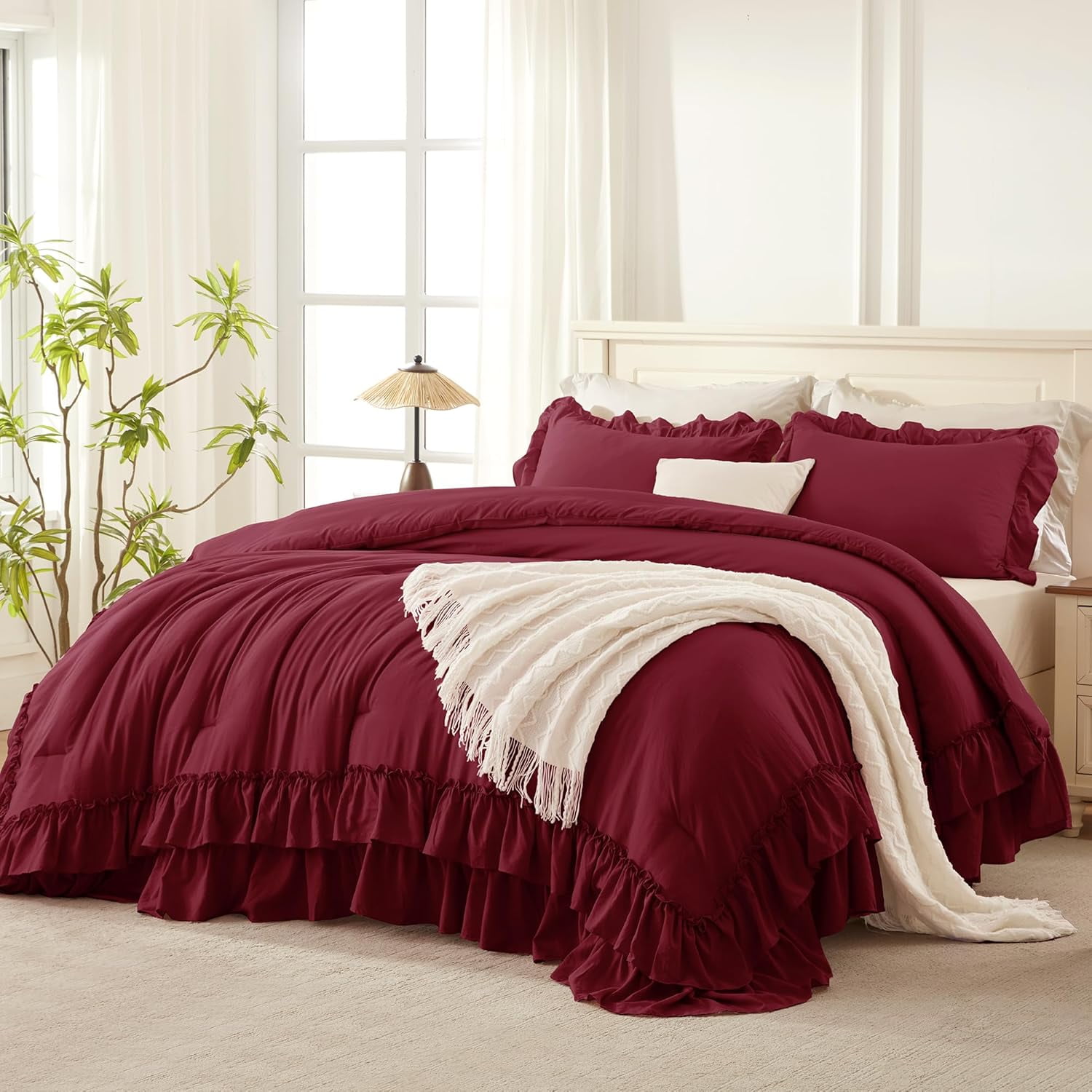 Burgundy Ruffle Comforter Set King, Shabby Chic Farmhouse Bedding ...