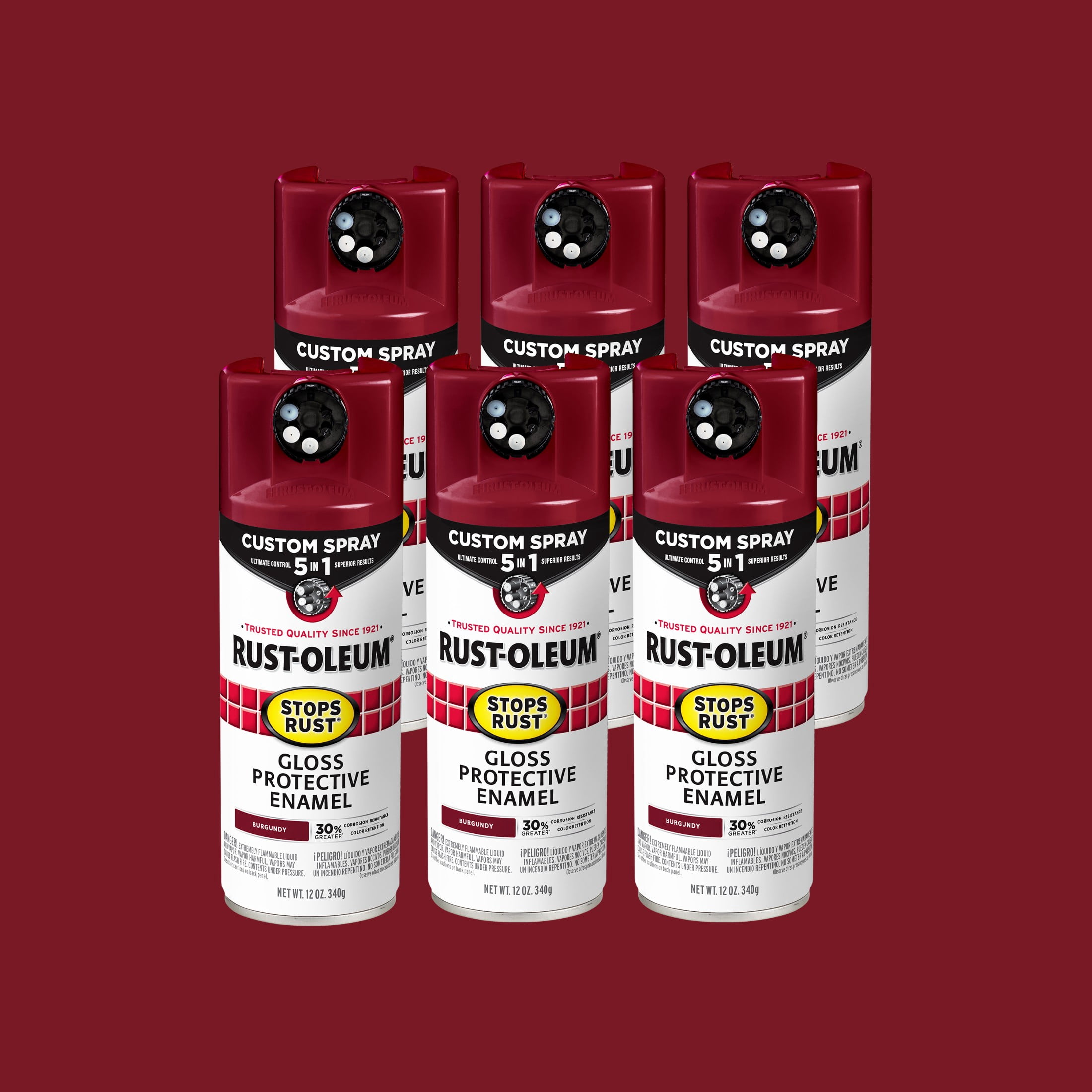 6 Pack, Burgundy, Rust-Oleum Stops Rust Custom Spray 5 in 1 Gloss Spray ...