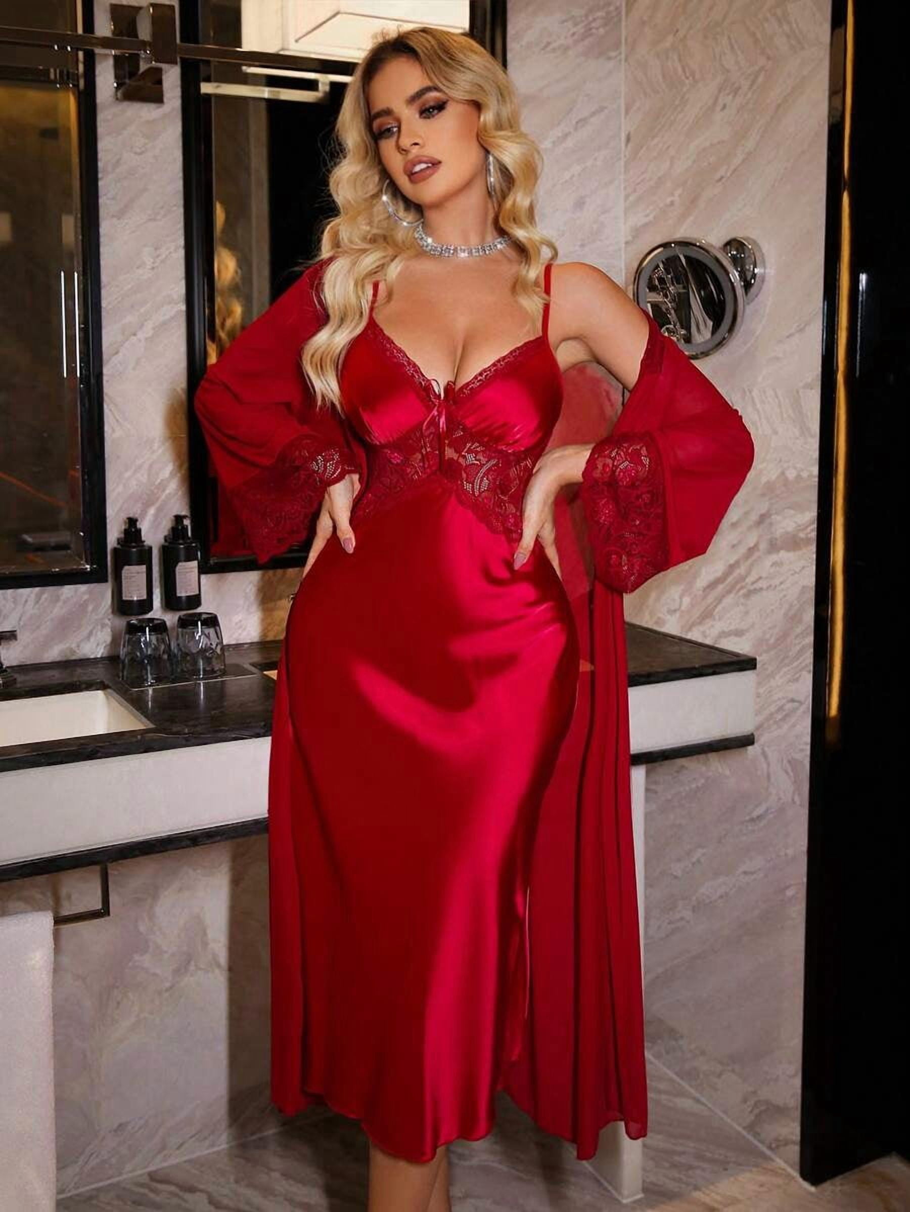 Burgundy Satin Lace Boudoir Robe Set With Sheer Bell Sleeve Cover-Up ...
