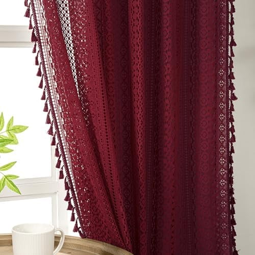 Burgundy Sheer Curtains 63 Inches Long 2 Panel Cotton Blend Crochet ...