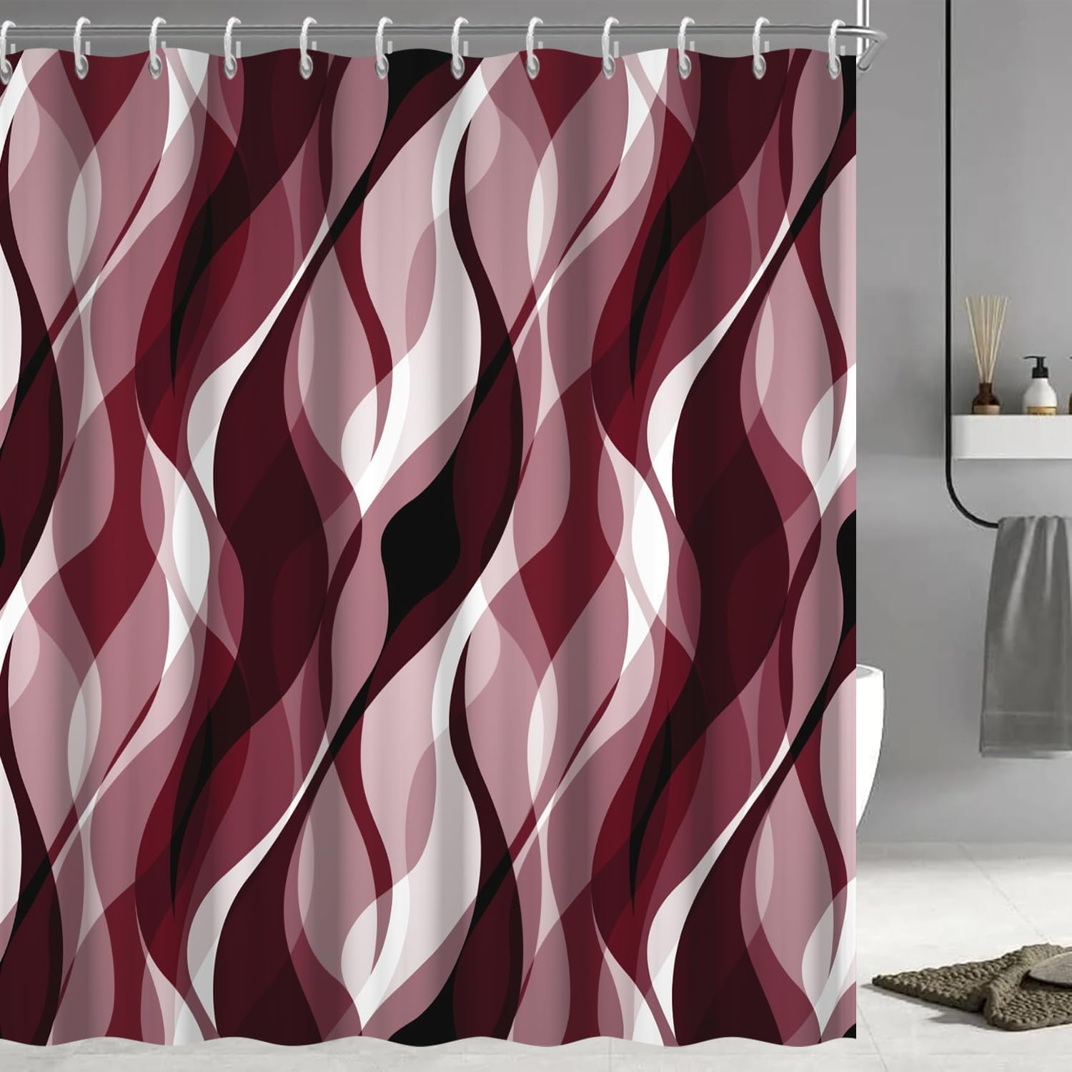 Burgundy Shower Curtain, Modern Abstract Ombre Burgundy Striped Shower ...