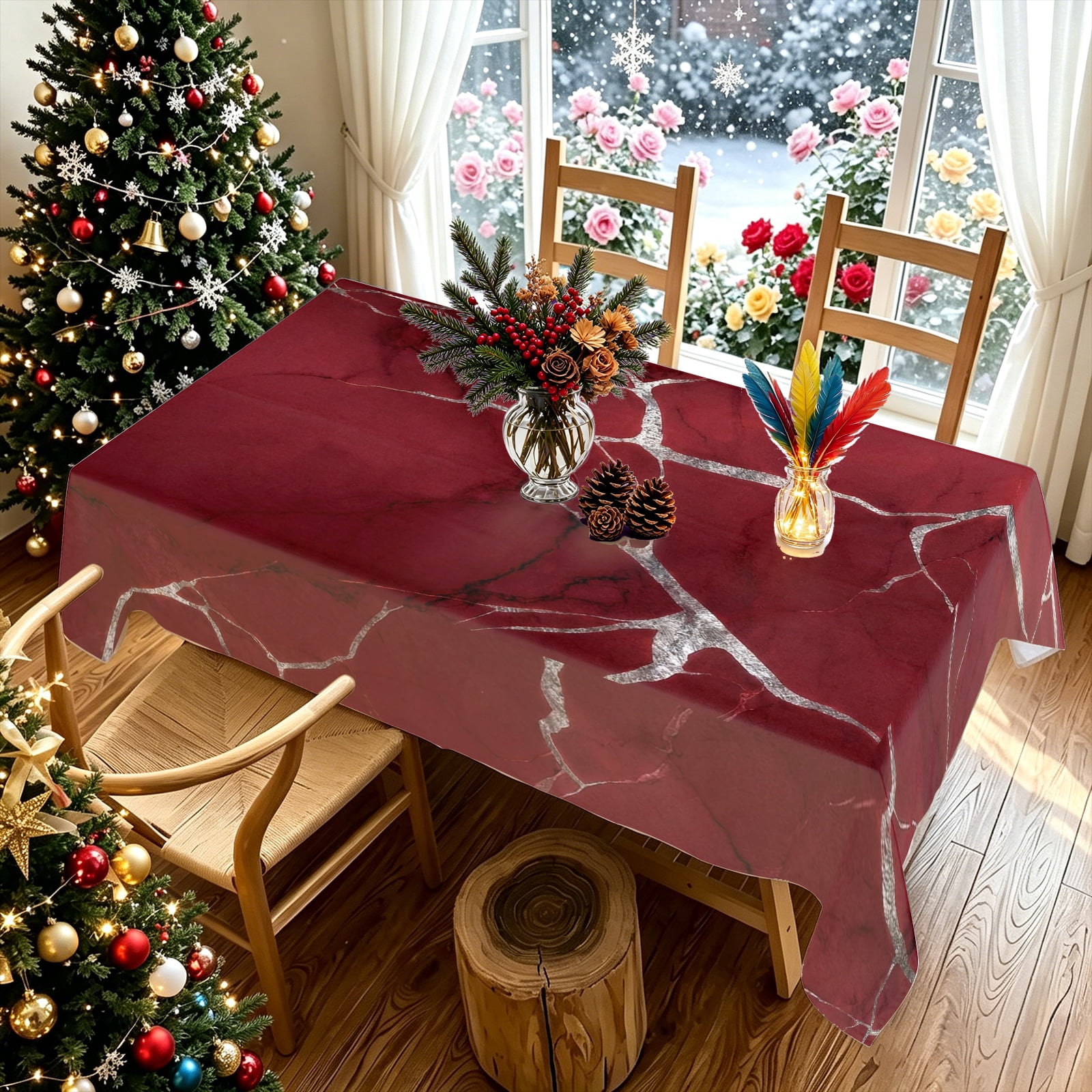 Burgundy Silver Vein Marble Pattern 2D Print Rectangular Tablecloth ...
