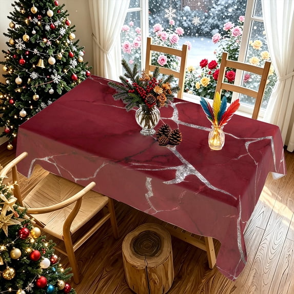 Burgundy Silver Vein Marble Pattern 2D Print Rectangular Tablecloth ...