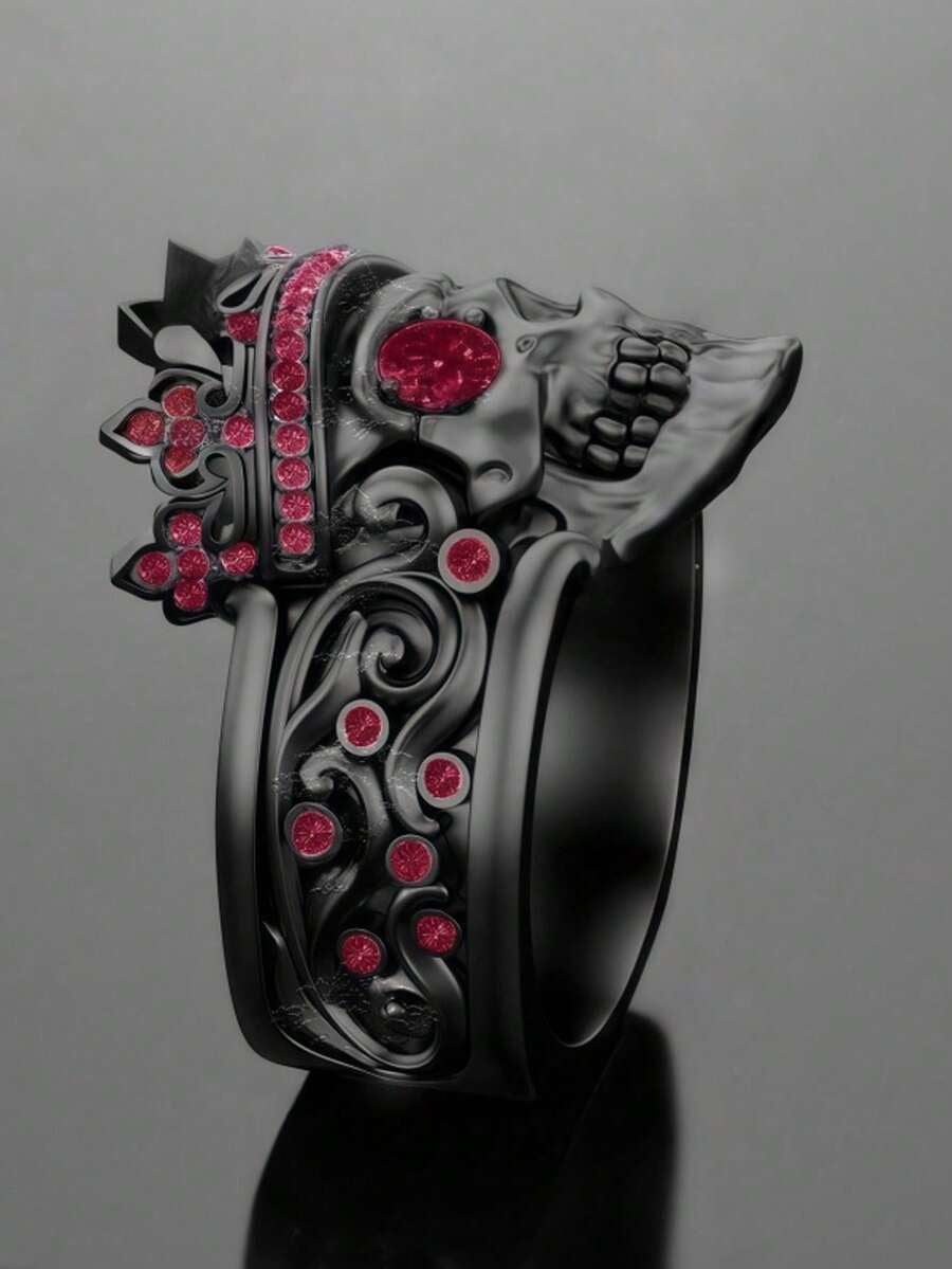 Burgundy Skull Crown Ring With Synthetic Cubic Zirconia Inlay Punk ...
