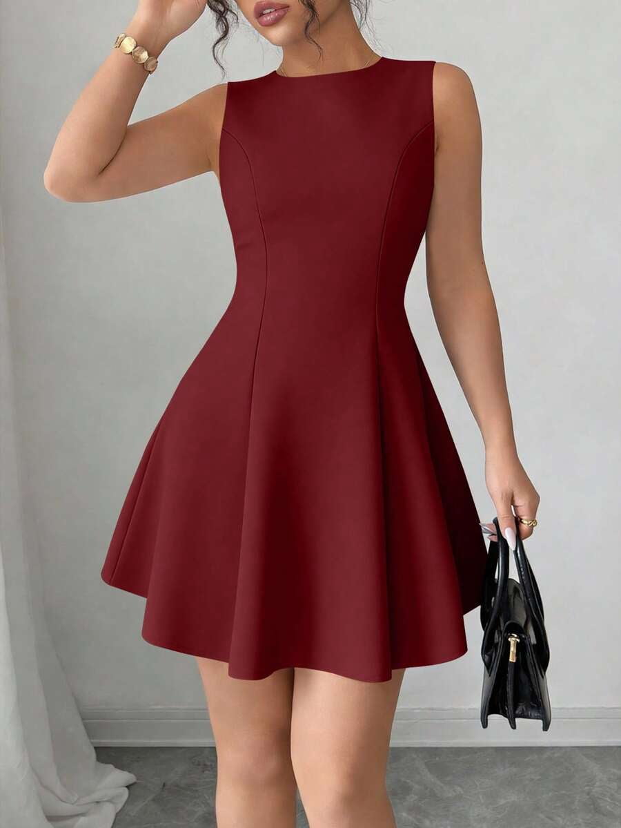 Burgundy Sleeveless Boat Neck A-Line Mini Dress For Women Formal ...
