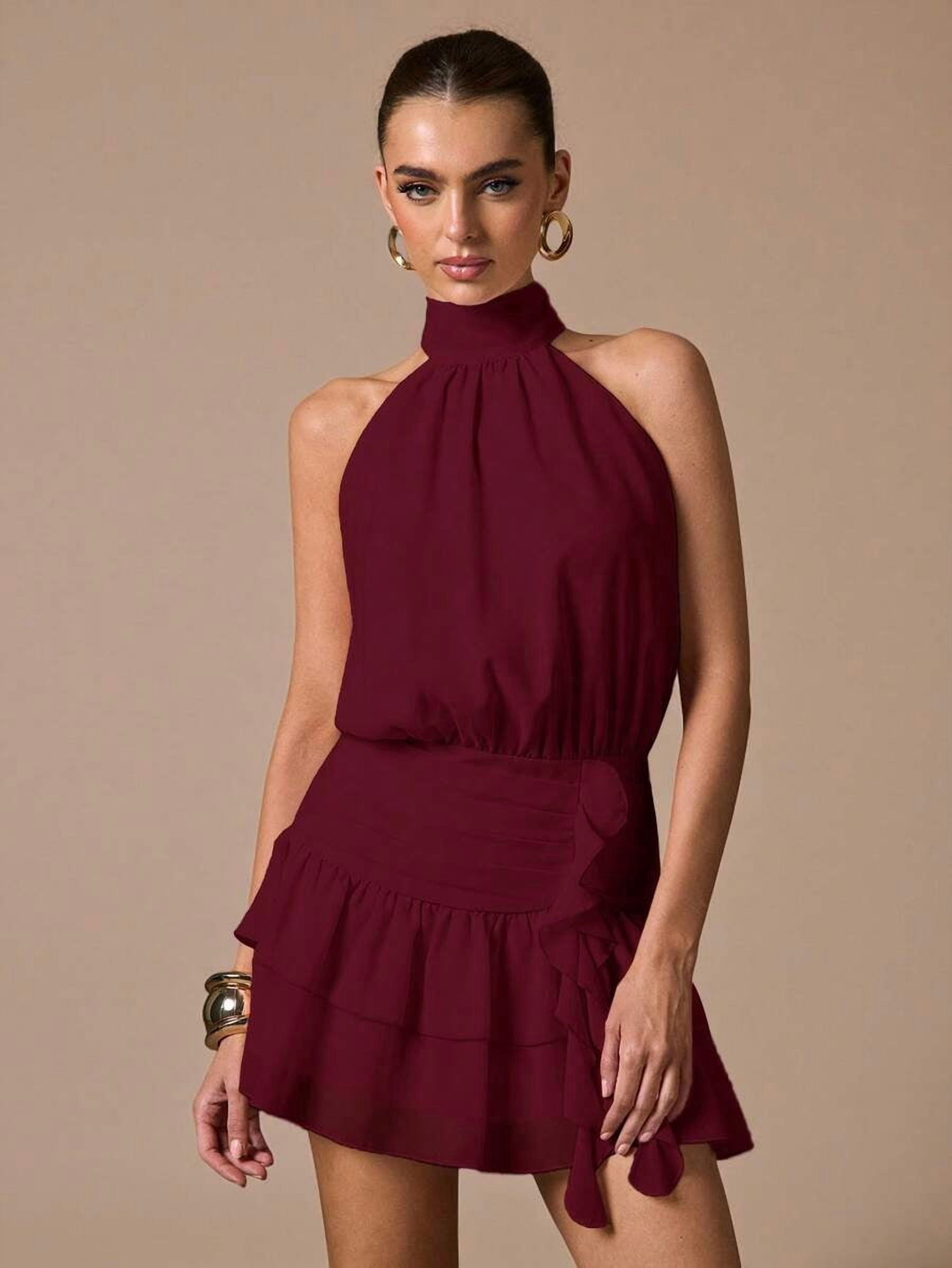Burgundy Sleeveless High-Neck Ruffle Hem Mini Sundress, Elegant Fit For ...