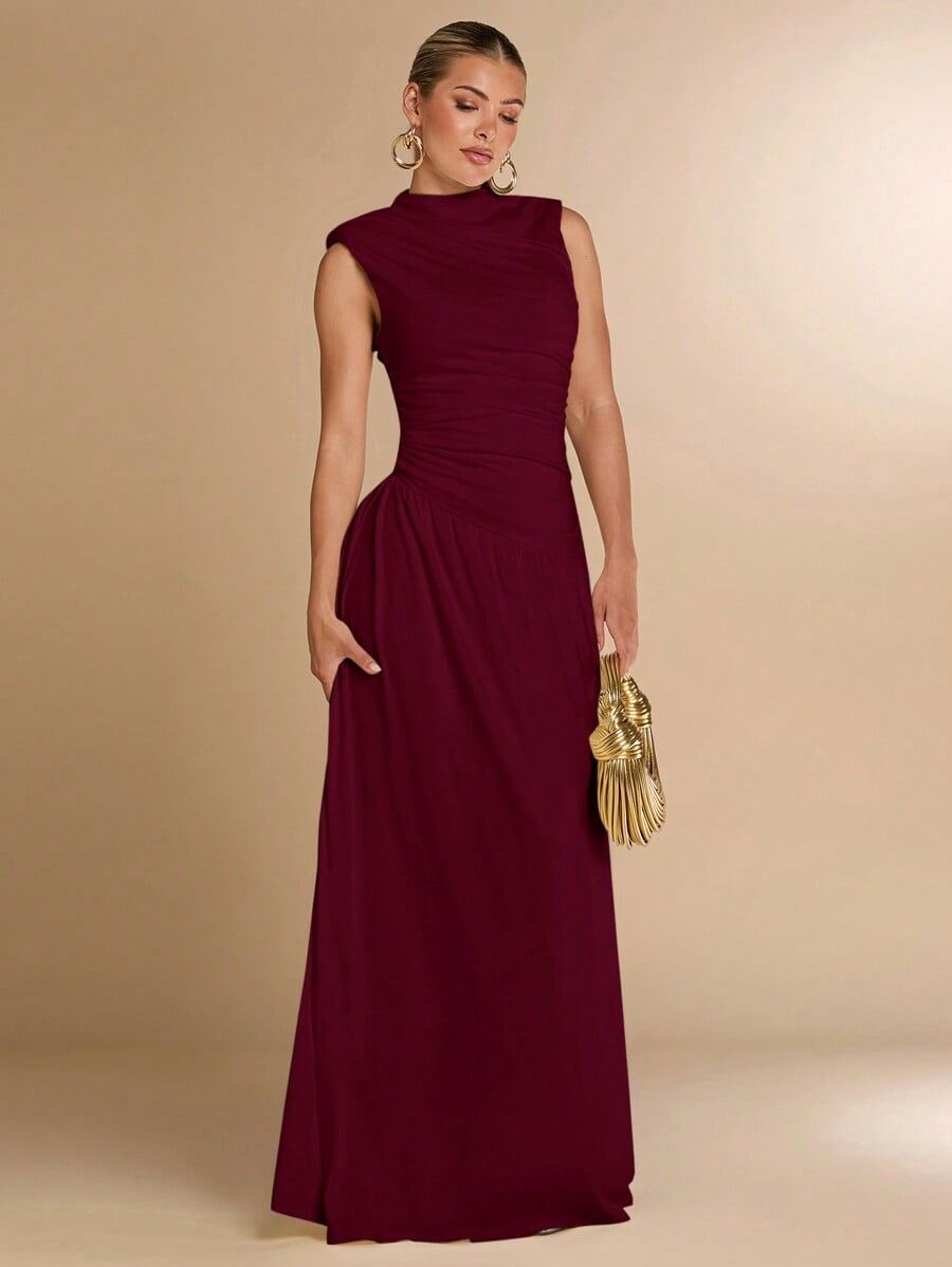Burgundy Sleeveless Mock Neck Solid Asymmetric Ruched Maxi Dress For ...