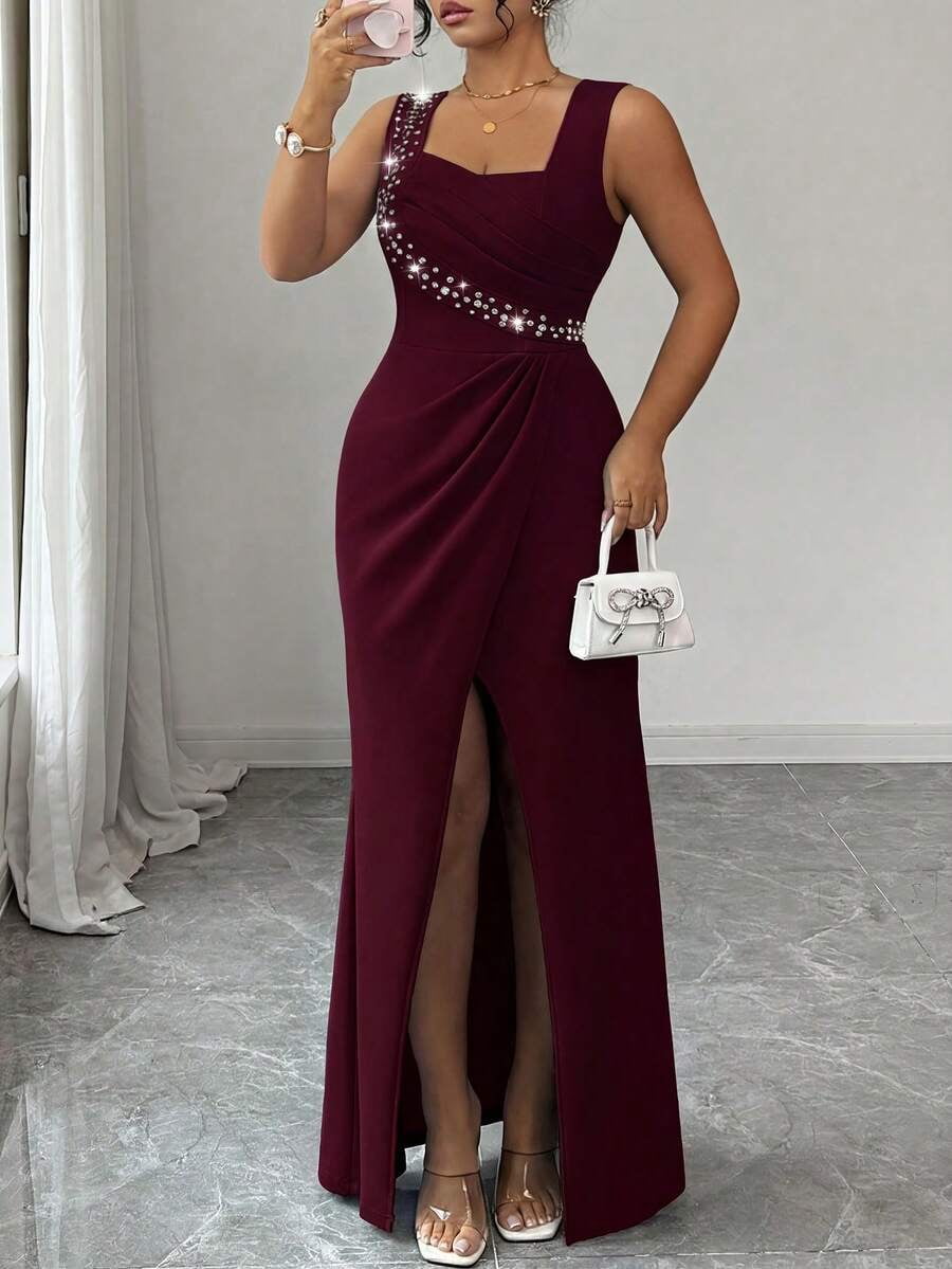 Burgundy Sleeveless Square Neck Rhinestone-Embellished Waist Fitted ...