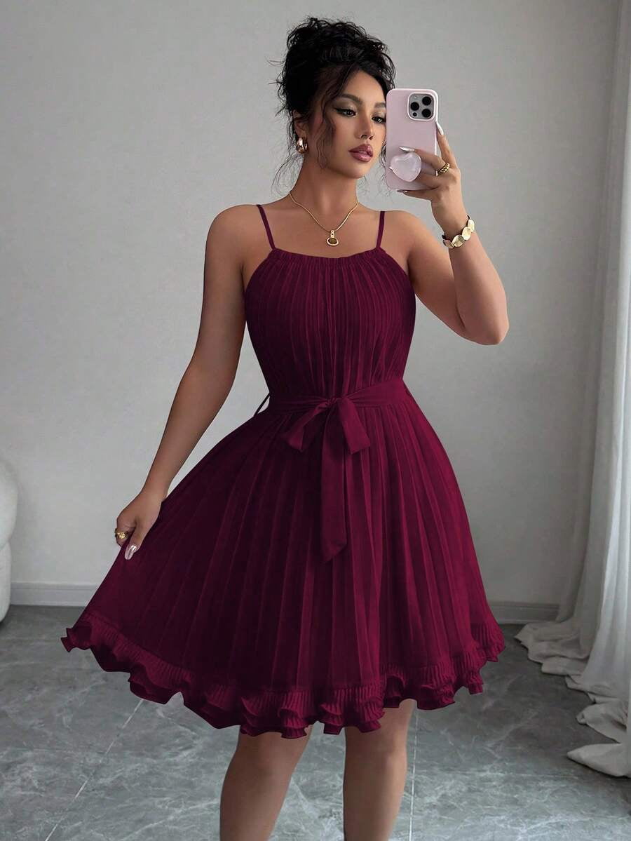 Burgundy Sleeveless Square Neck Strap Waisted A-Line Pleated Ruffled ...