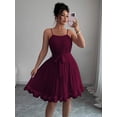Burgundy Sleeveless Square Neck Strap Waisted A-Line Pleated Ruffled ...