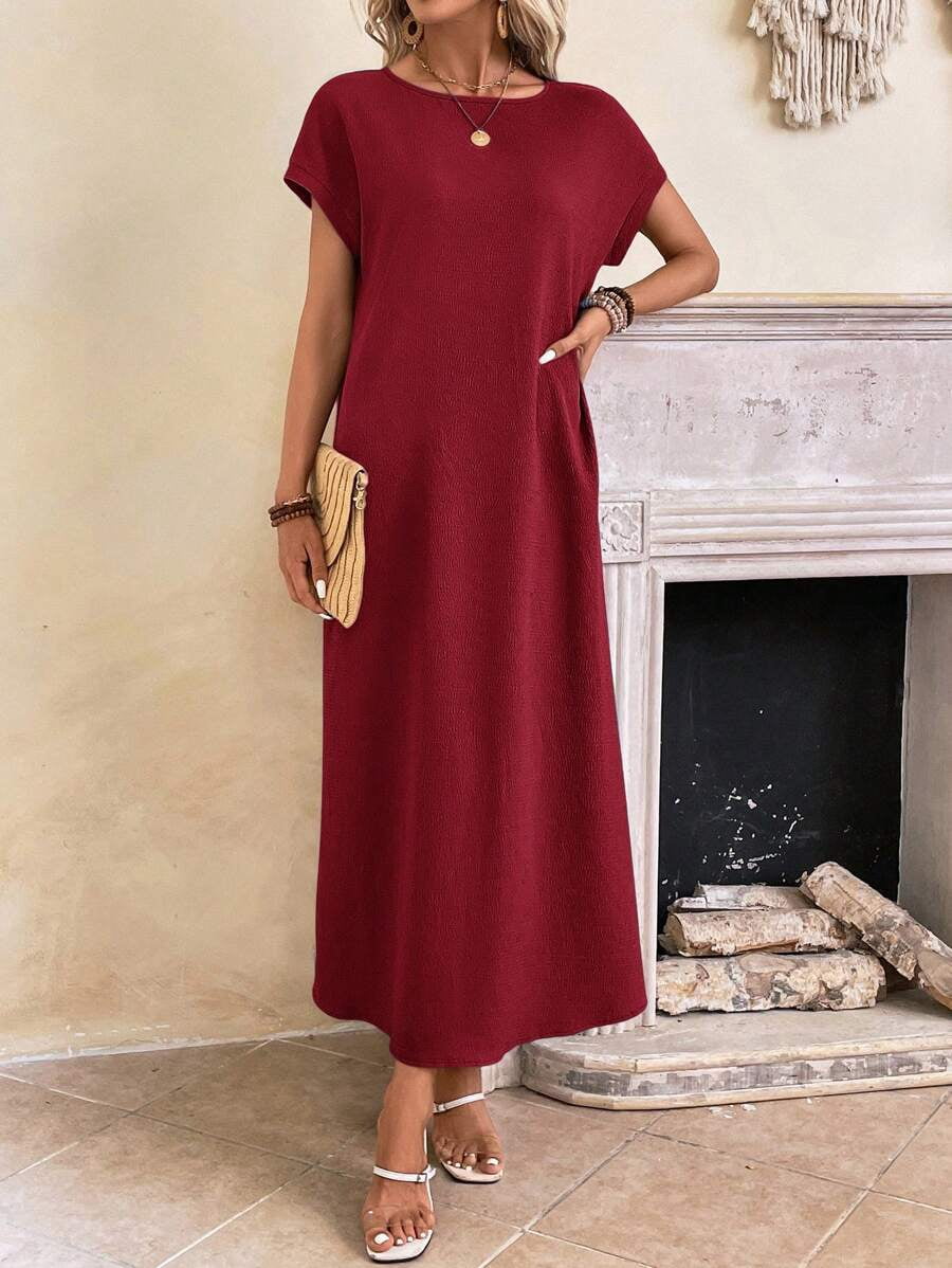 Burgundy Solid Batwing Sleeve Maxi Casual Dress For Women Summer ...