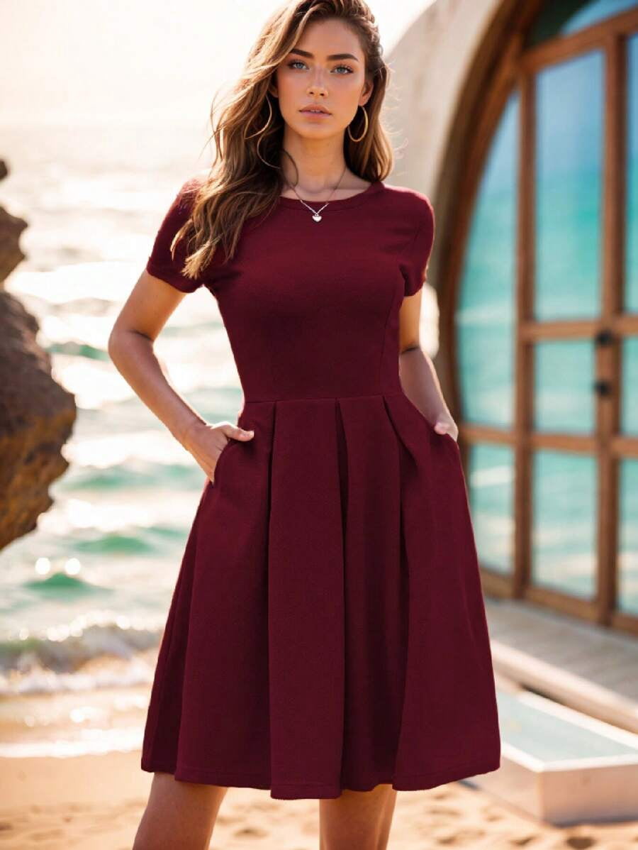 Burgundy Solid Color Vintage Style Fit & Flare Swing Dress For Cocktail ...