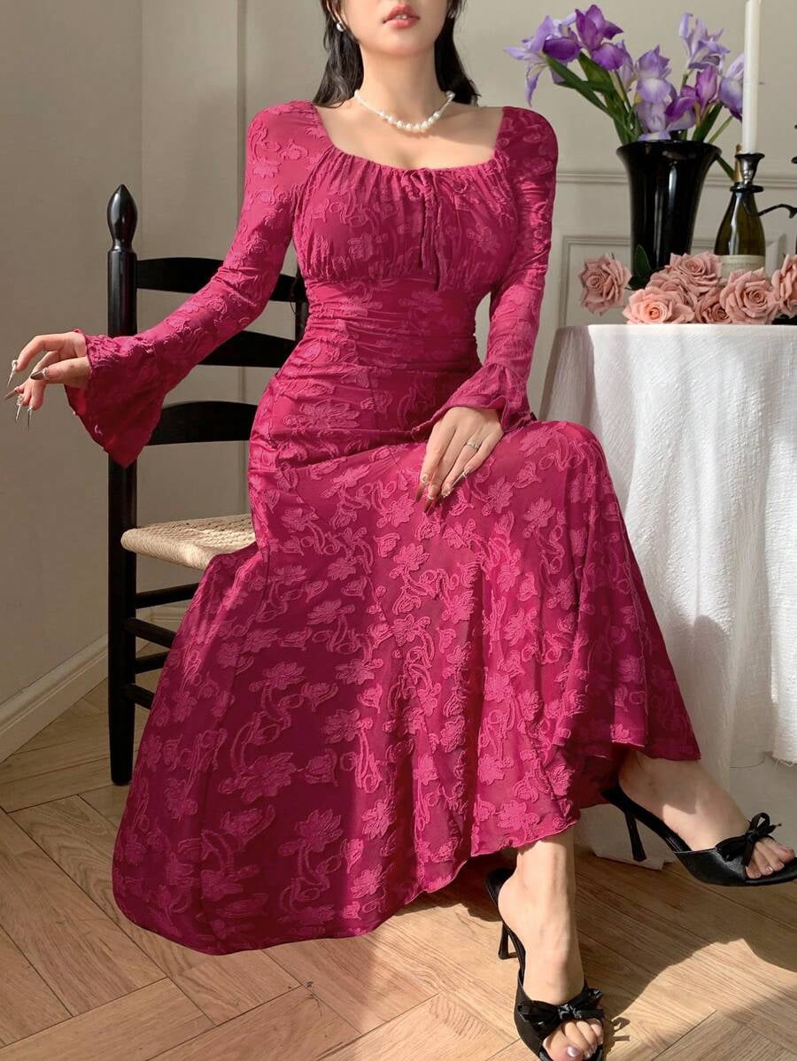 Burgundy Square Neck Long Sleeve Textured Floral Ruffle Maxi Dress ...