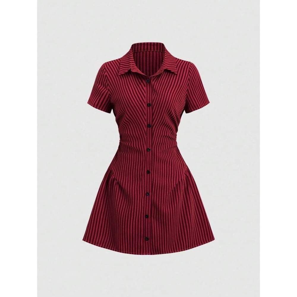 Burgundy Striped Short Sleeve Shirt Dress With Collared Neck, Button ...