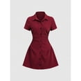 Burgundy Striped Short Sleeve Shirt Dress With Collared Neck, Button ...