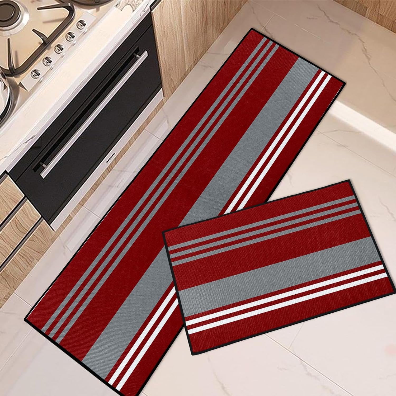 Burgundy Stripes Kitchen Rugs and Mats Non Skid Washable Set of 2, Red ...