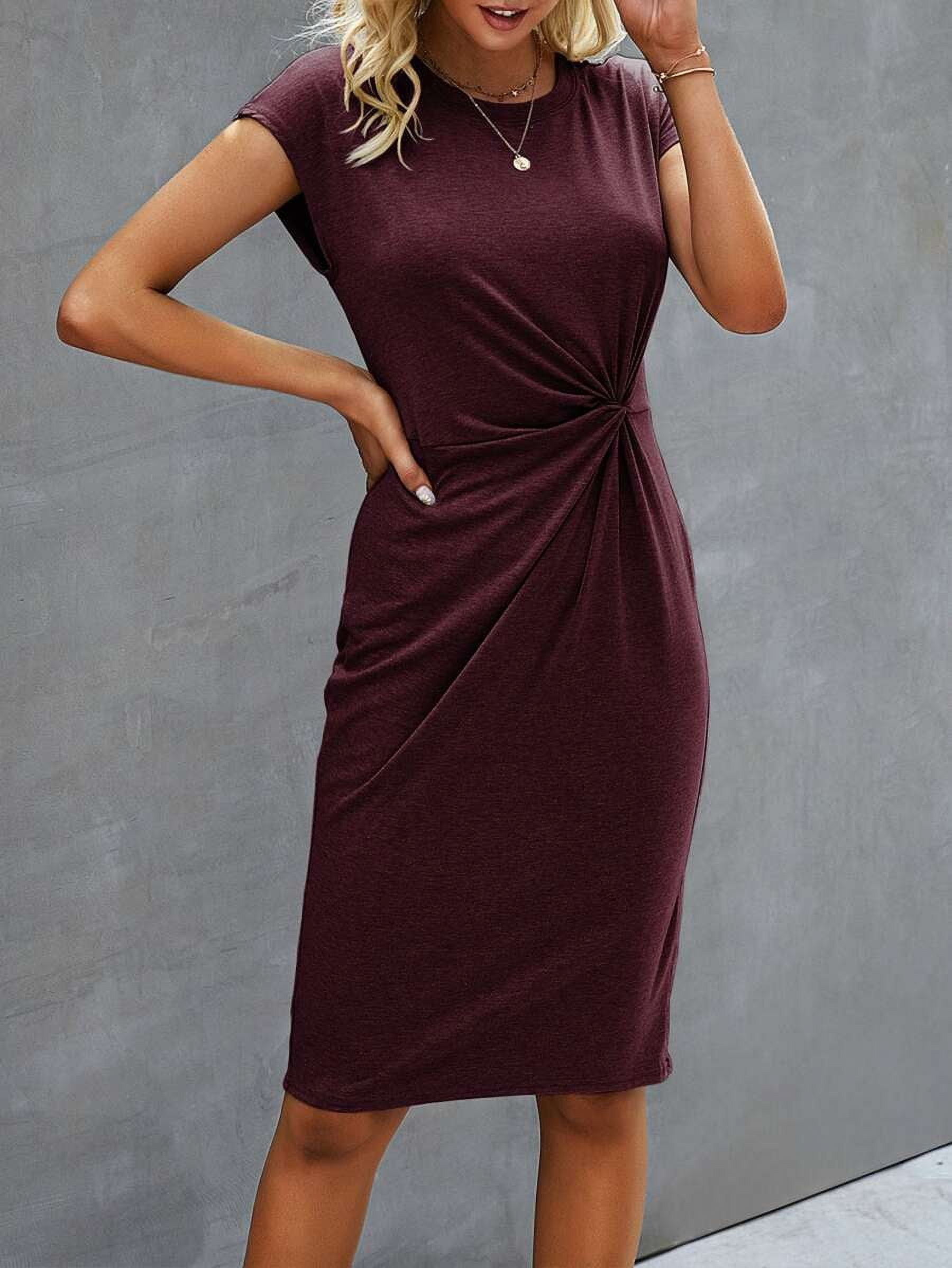 Burgundy Twist Front Short Sleeve Midi Dress With Ruched Detail ...