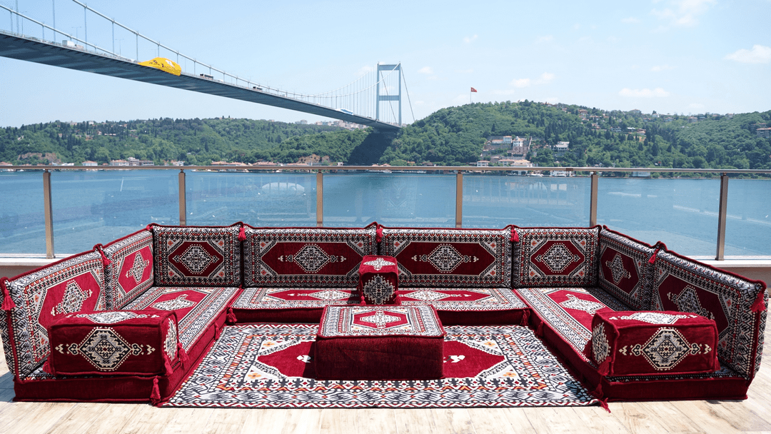 Burgundy U Shaped Arabic Floor Seating, Arabic Majlis, Floor Cushion ...