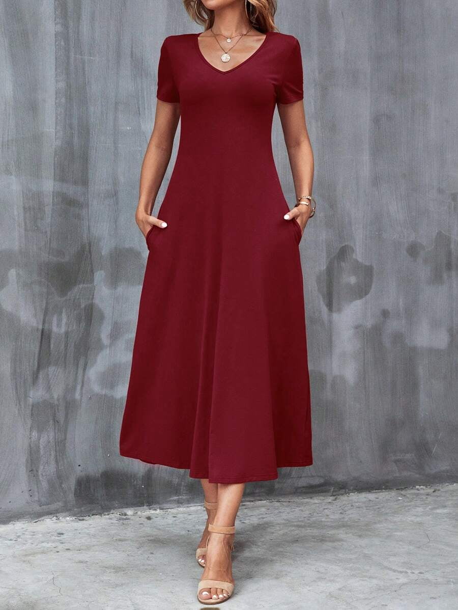 Burgundy V-Neck Short Sleeve A-Line Midi Dress With Pockets, Casual ...