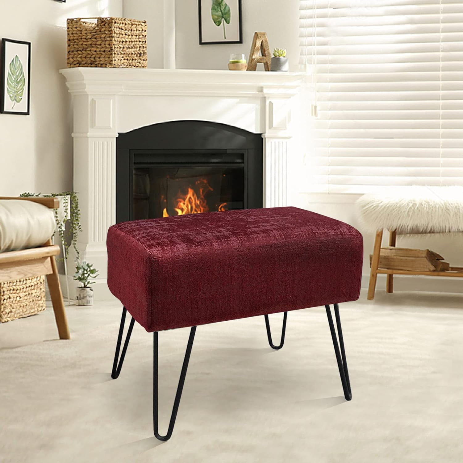 Burgundy Velvet Tufted Ottoman Entryway , 19.5"x12.5"x17"H Furry Makeup ...