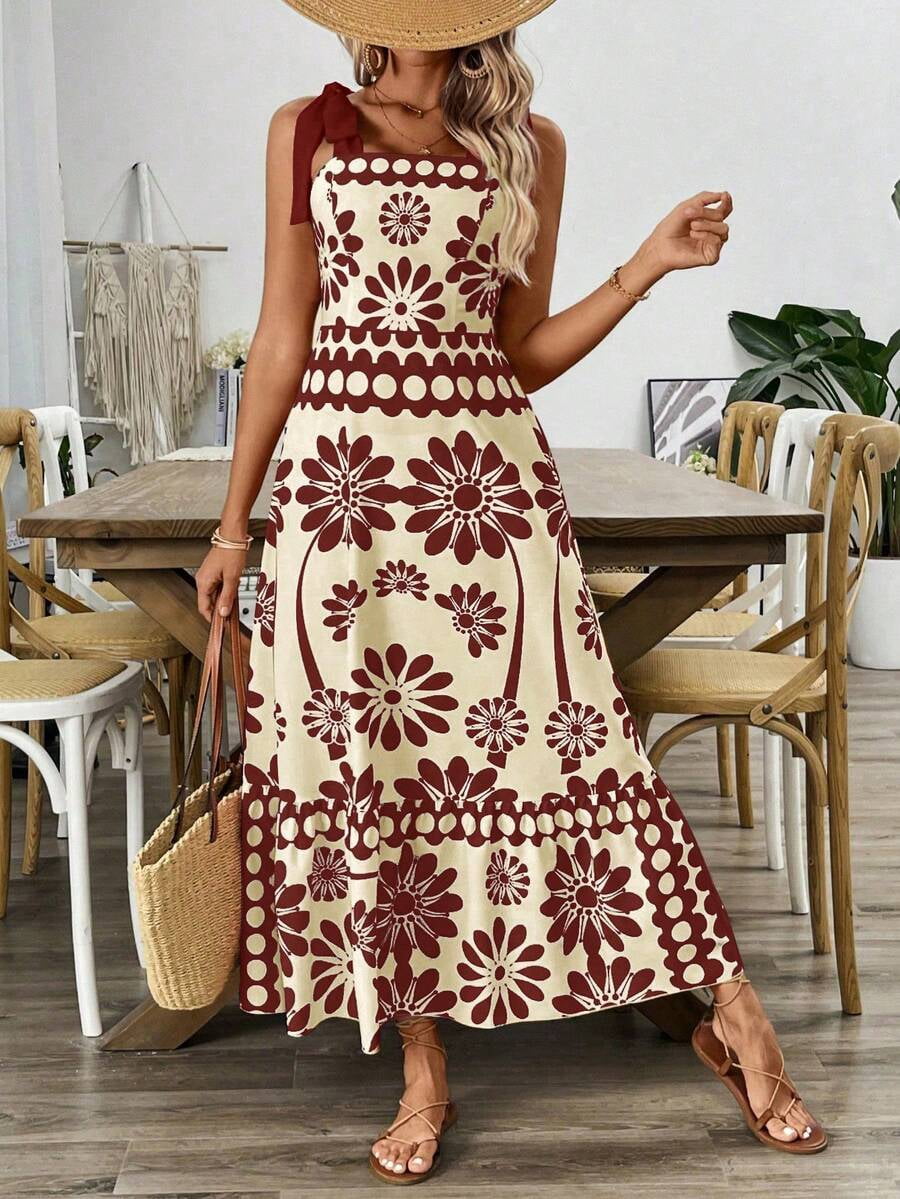 Burgundy Vintage Floral Print Tie-Shoulder Cut-Out Waist Maxi Dress For ...