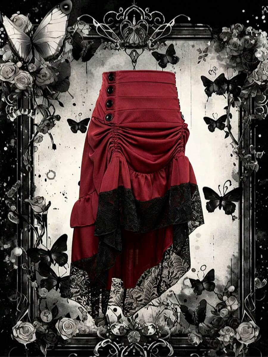 Burgundy Vintage Gothic High Waist Asymmetrical Lace Ruffle Midi Skirt ...