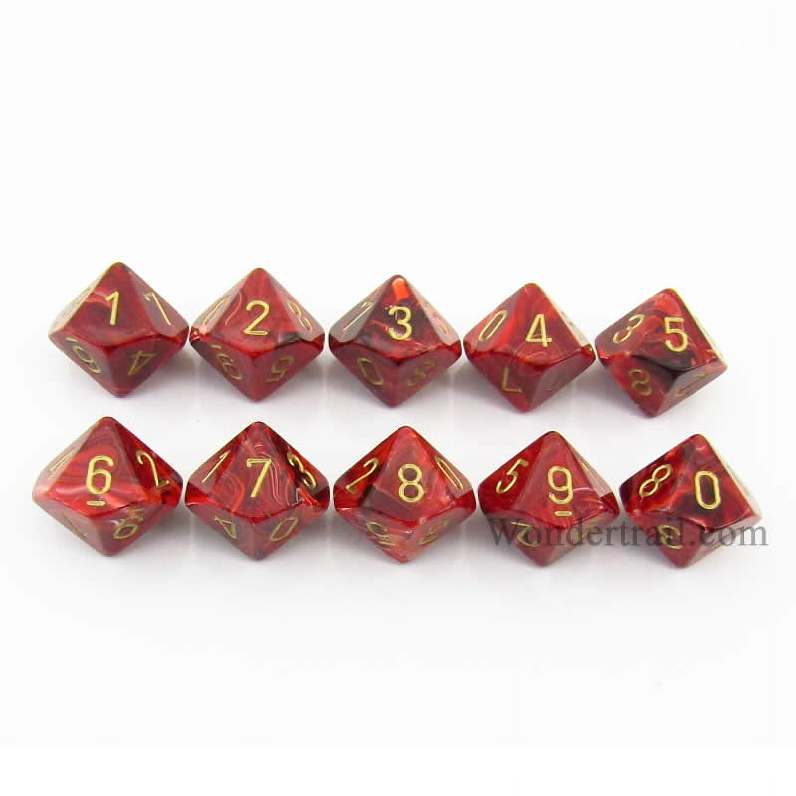 Burgundy Vortex Dice with Gold Numbers D10 16mm (5/8in) Pack of 10 Dice ...