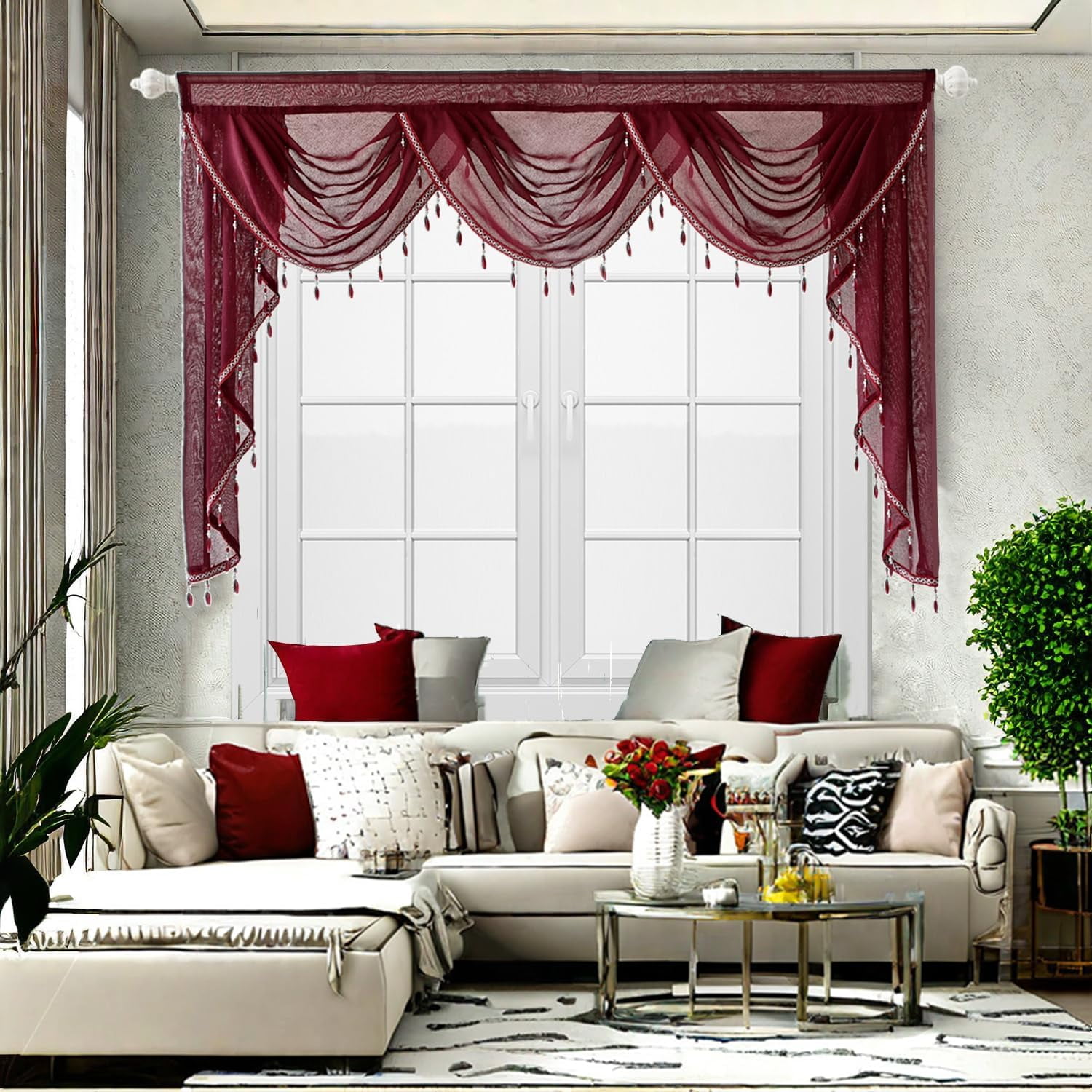 Burgundy Waterfall Valance Linen Sheer Swags for Living Room Rod Pocket ...
