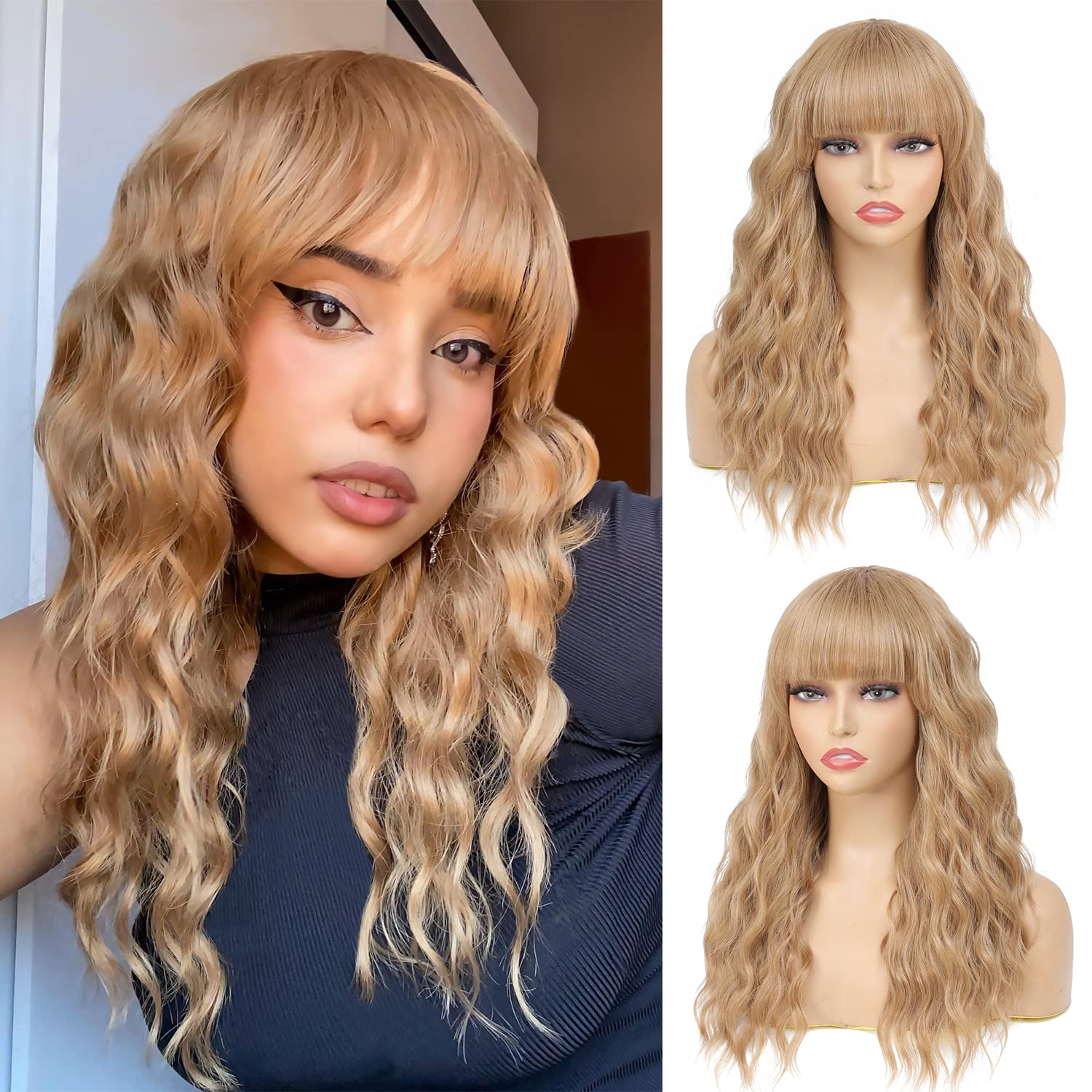 Burgundy Wavy Wig with Bangs 20 Inch Dark Wine Natural Wave Synthetic ...