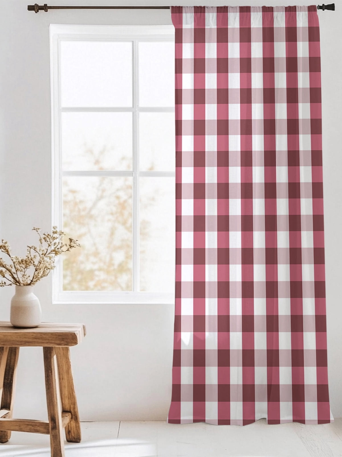 Burgundy White Sheer Curtains 108 Inch Long 1 Panel Buffalo Plaid ...