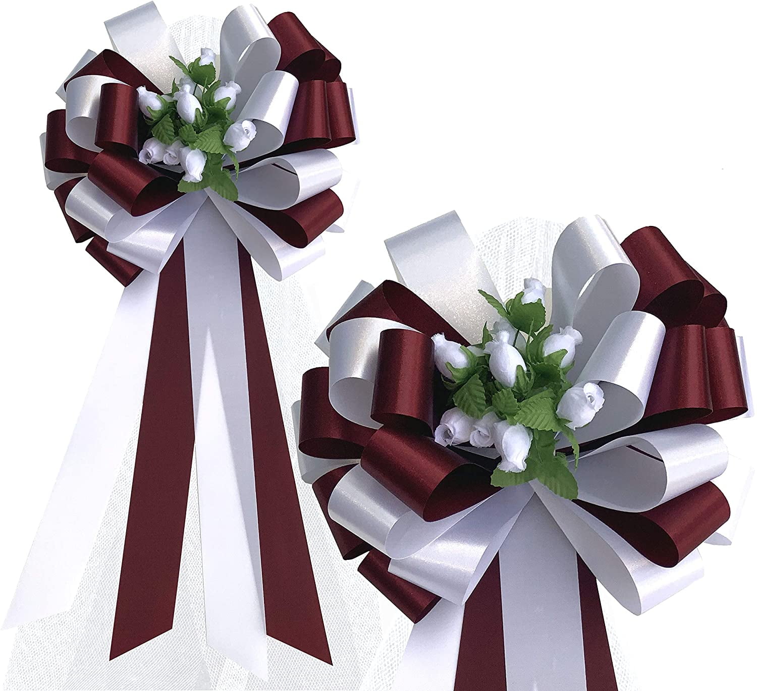 Burgundy and White Wedding Pull Bows with Tulle Tails and Rosebuds - 8 ...