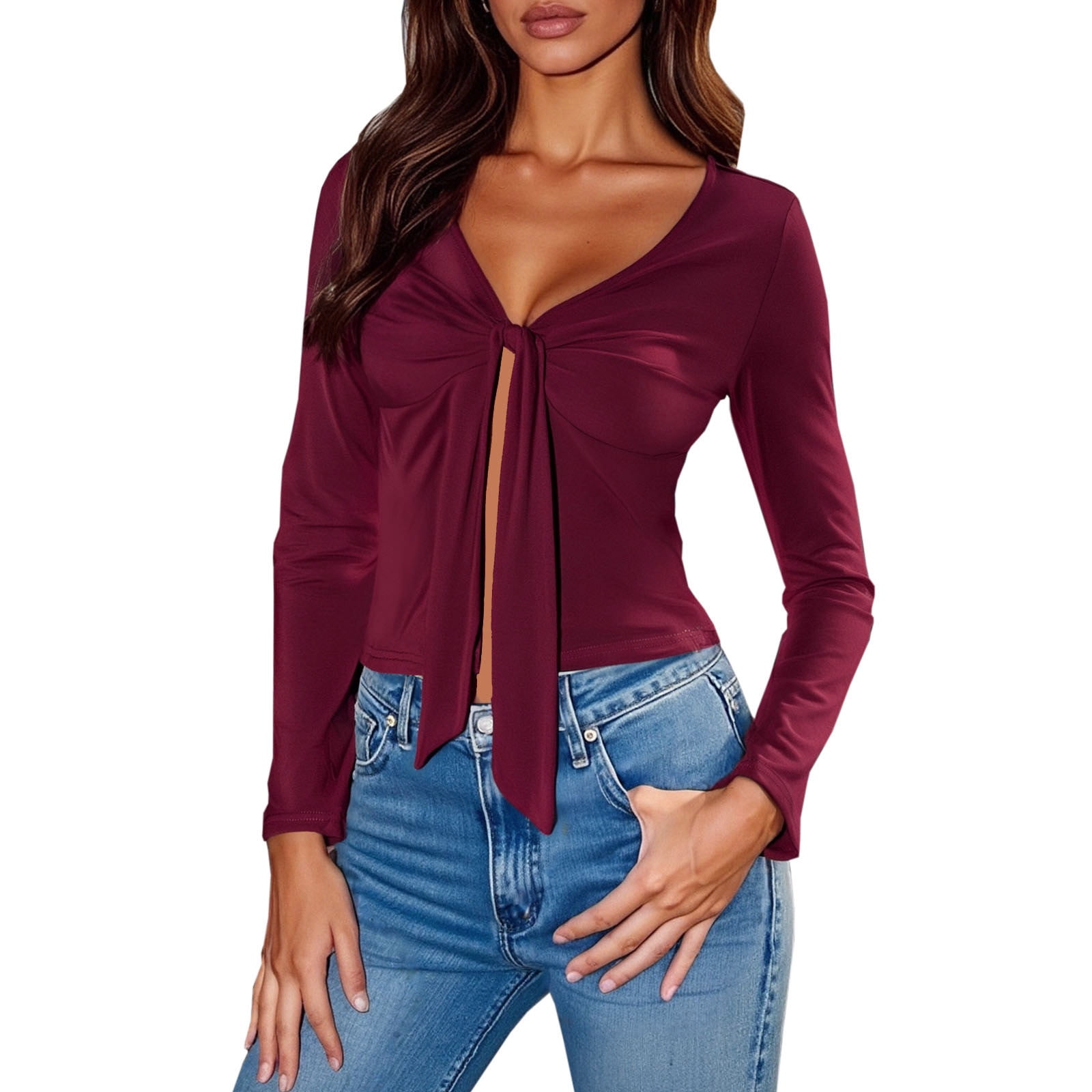 Burgundy Wine Bow Tie Tie Knot Basic Going Out Tops for Women Fall ...