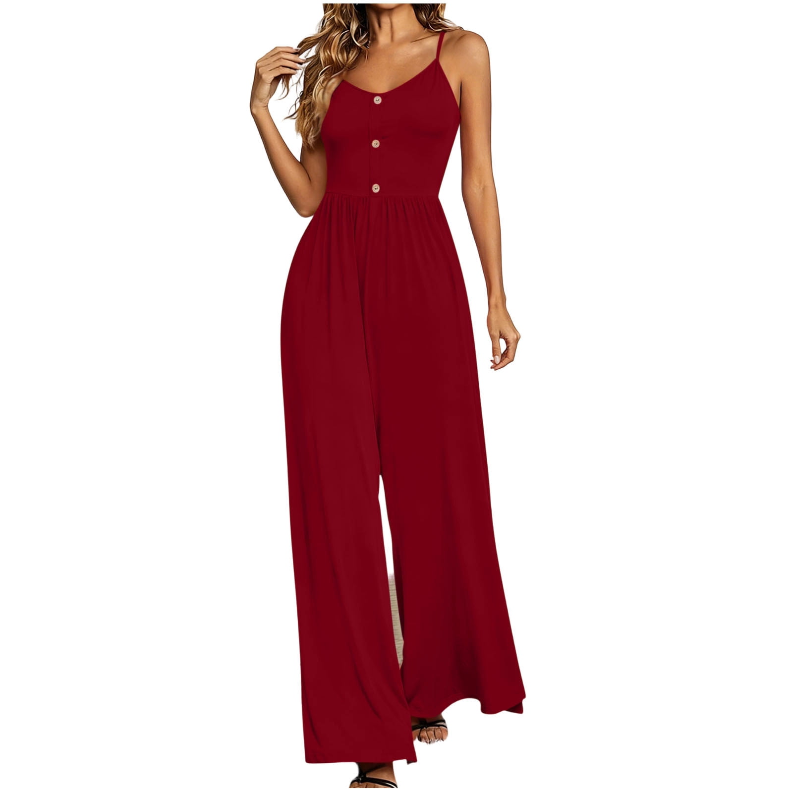 Burgundy Wine Button Down Bib Pants for Women Fall Summer Flare Bell ...