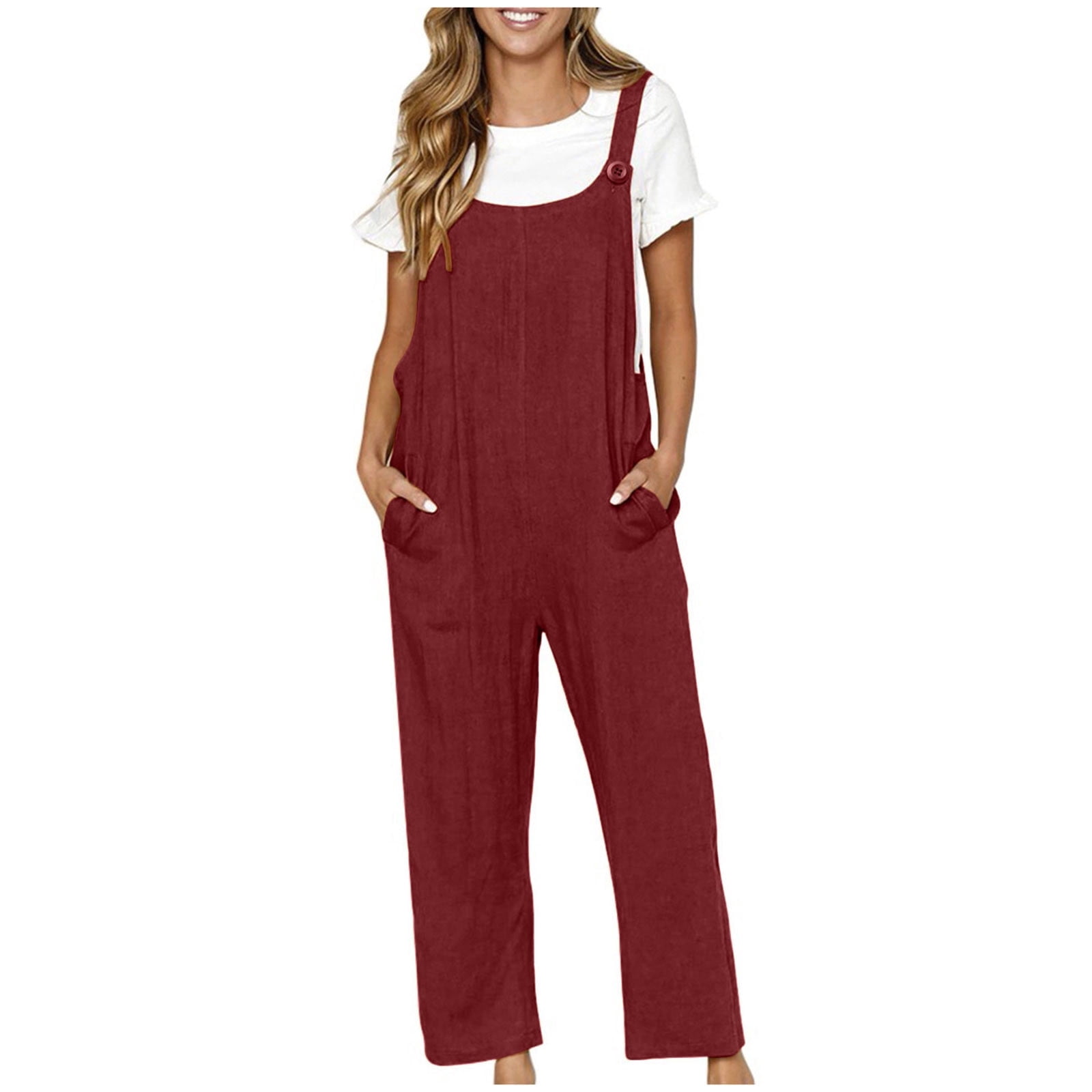 Burgundy Wine Casual Coveralls for Women Summer Fall Faux Gauze Linen ...