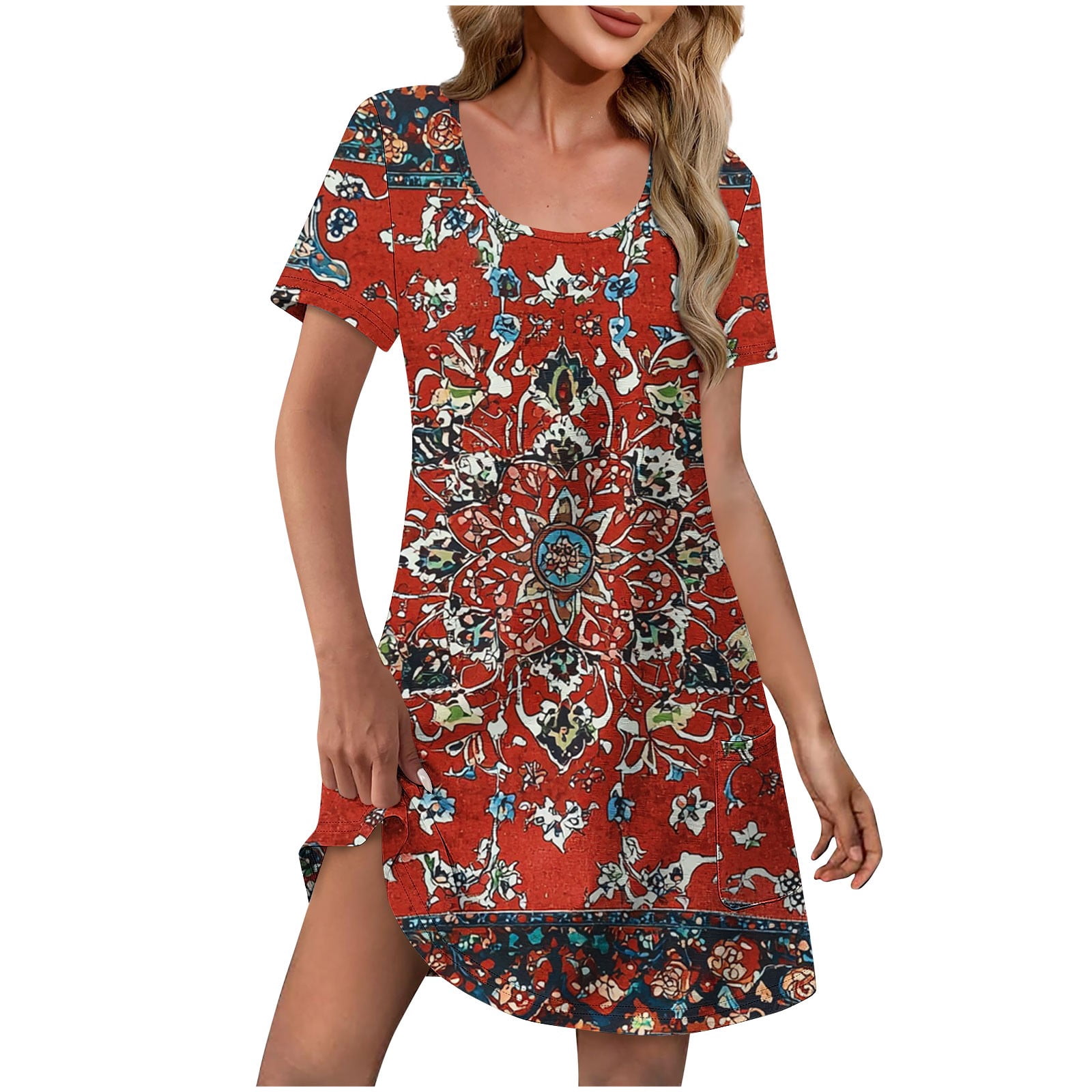 Burgundy Wine Crew Vneck Neck Sundresses for Ladies Summer Fall Short ...