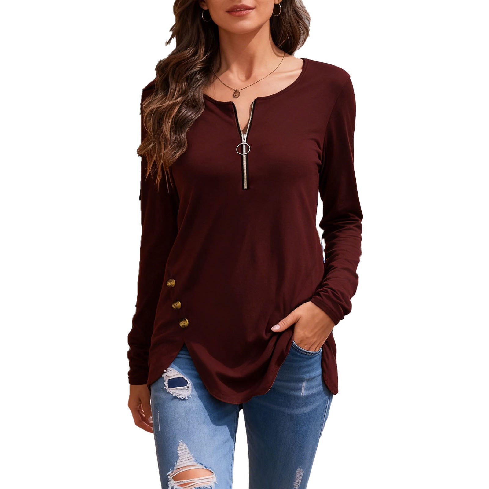 Burgundy Wine Crew Vneck Neck Tee Shirts for Women Summer Fall Long ...