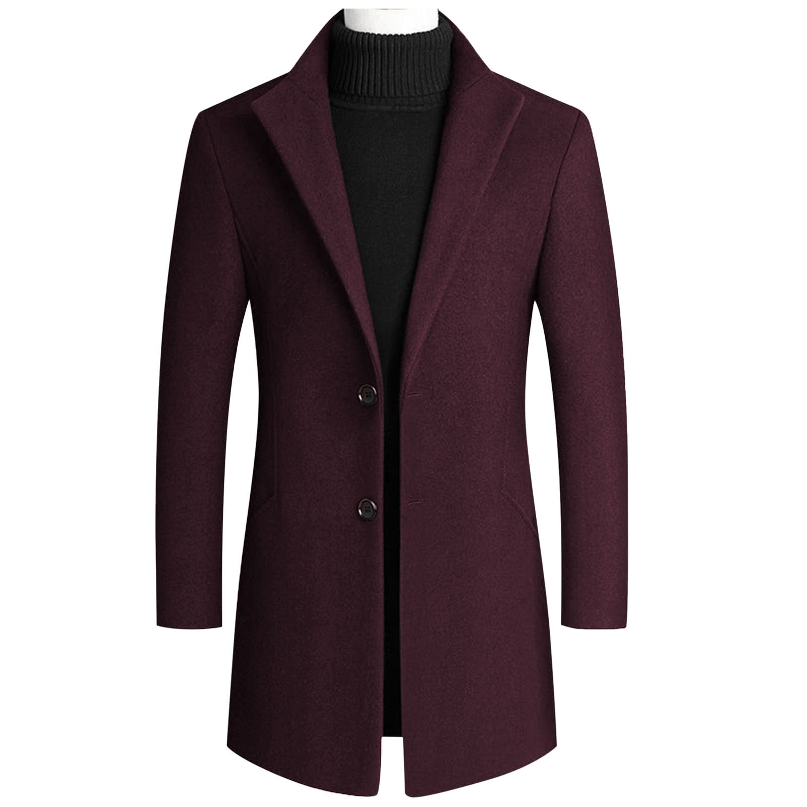 Burgundy Wine Fleece Lined Wool Coats for Man Fall Winter Long Sleeve ...