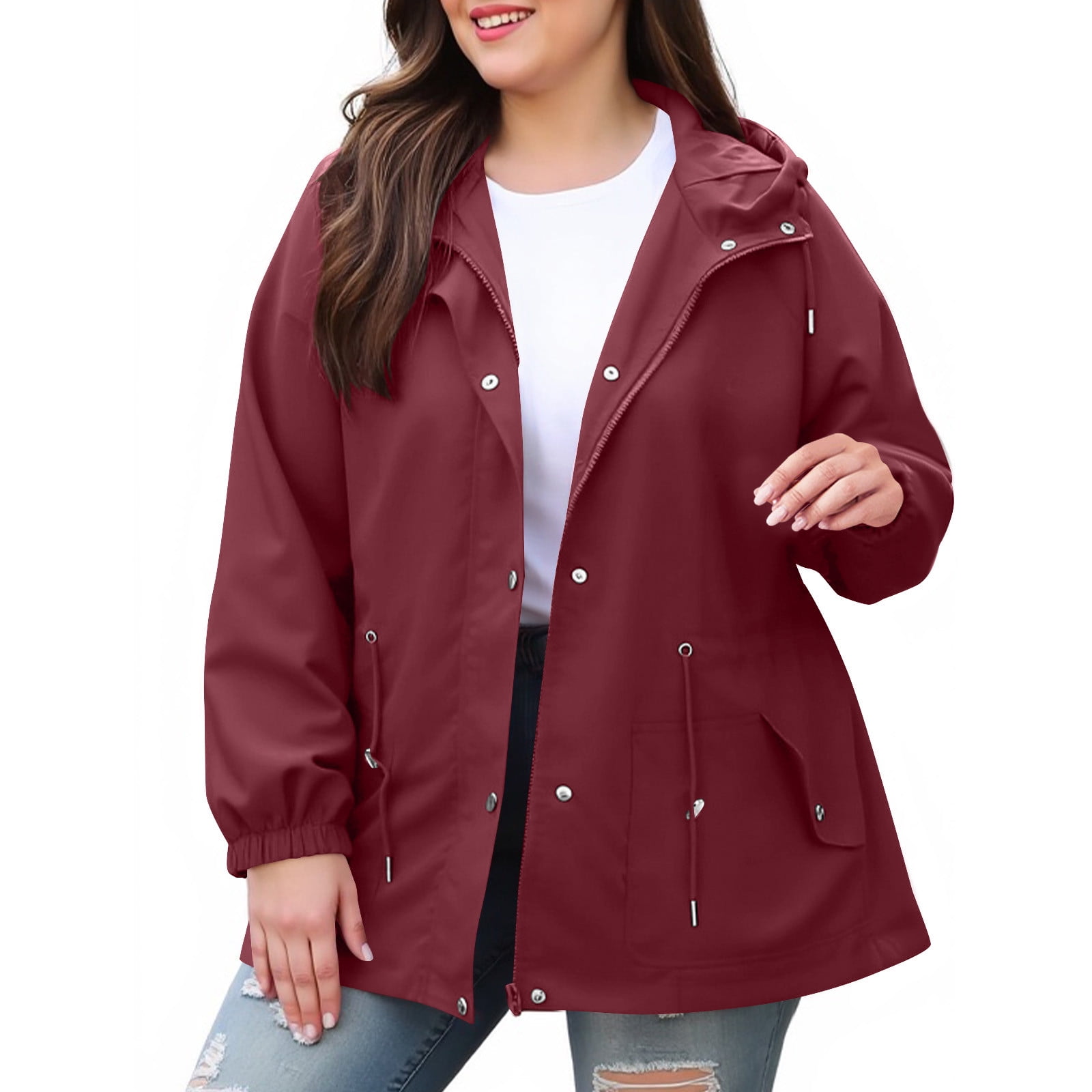 Burgundy Wine Ladies Jackets Hood Trench Outfit Raincoat for Women Work Out Gym Hiking Jogger ...