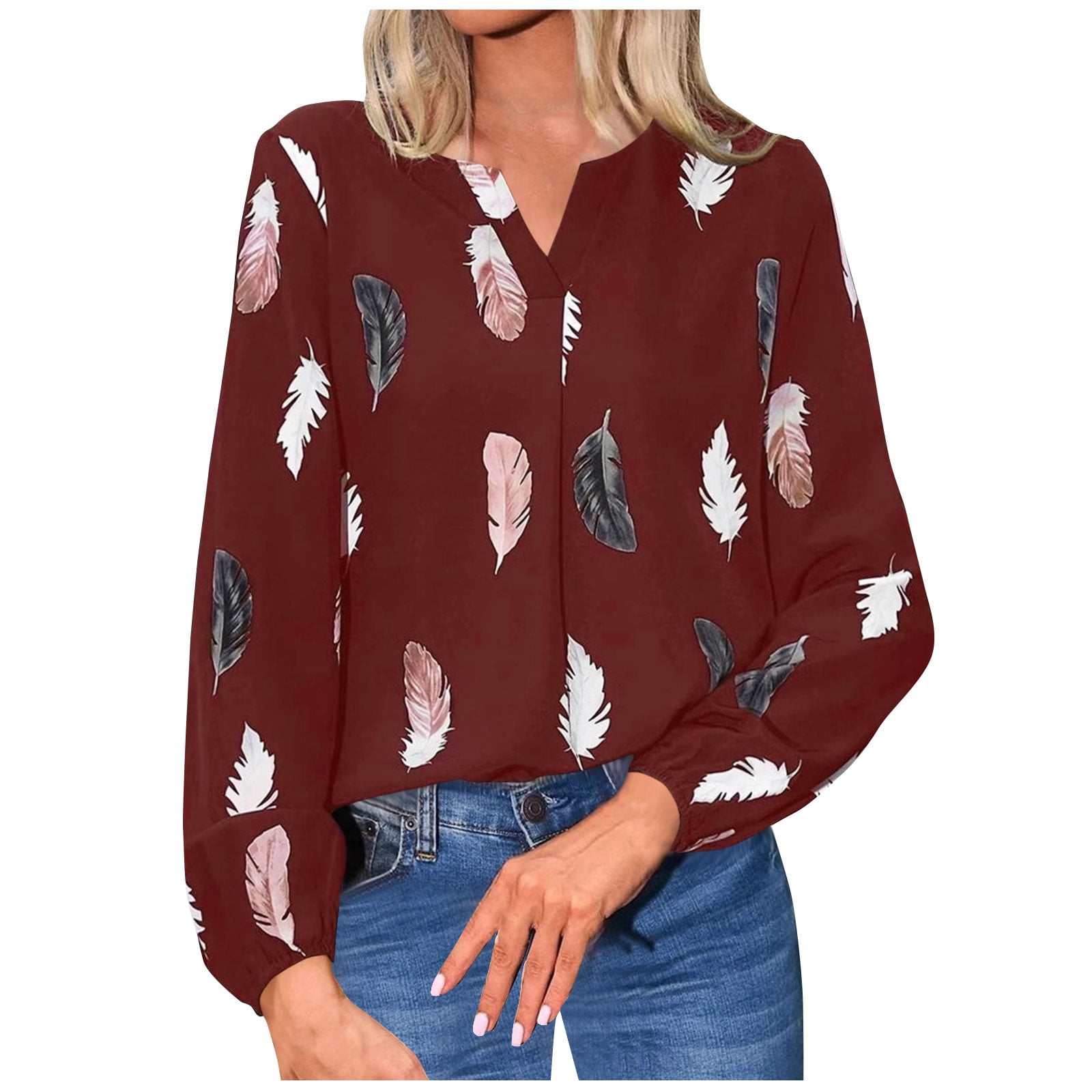 Burgundy Wine Long Short Sleeve Tee Shirts for Ladies Fall Summer V ...