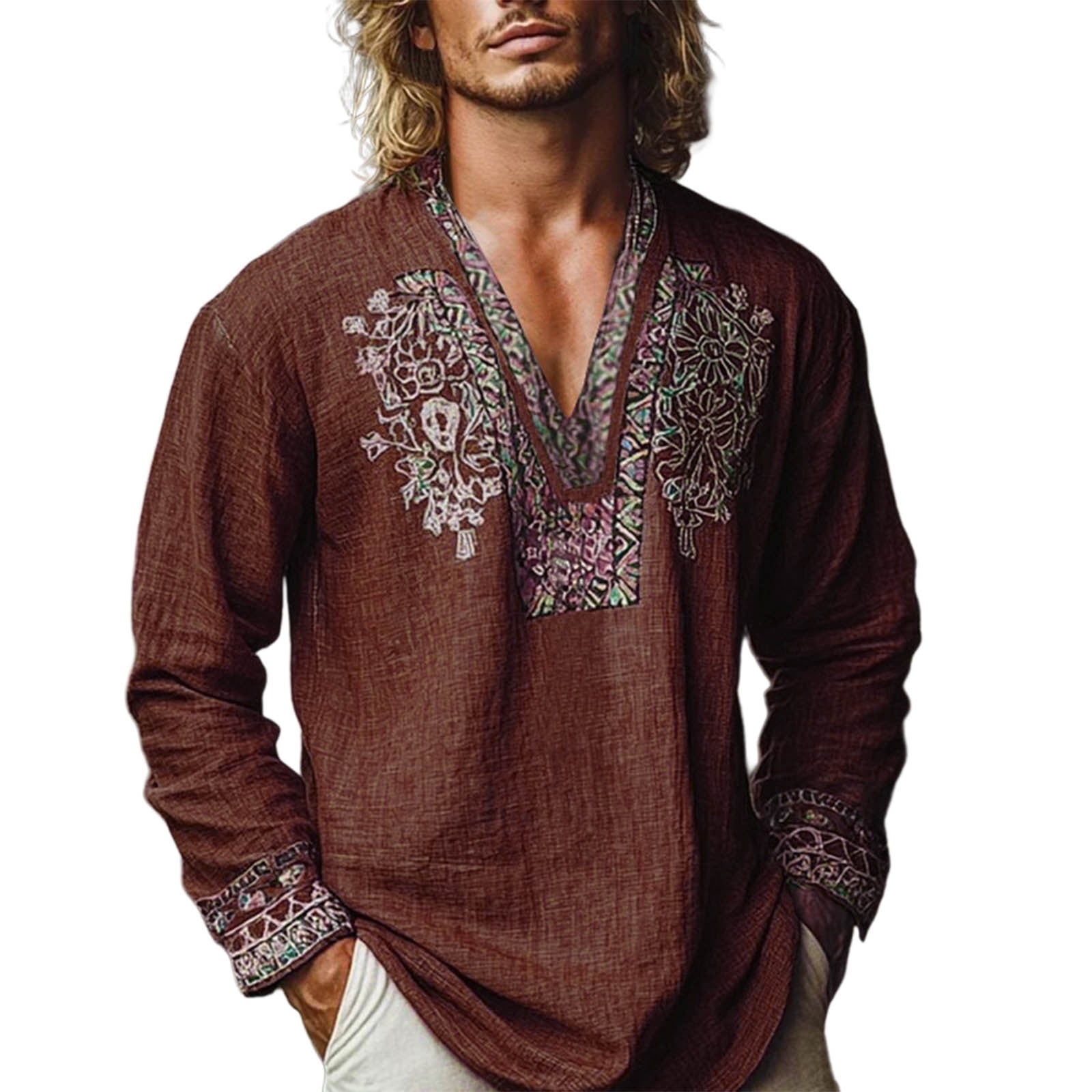 Burgundy Wine Long Sleeve T Shirt for Man Fall Summer V Neck Brunch ...