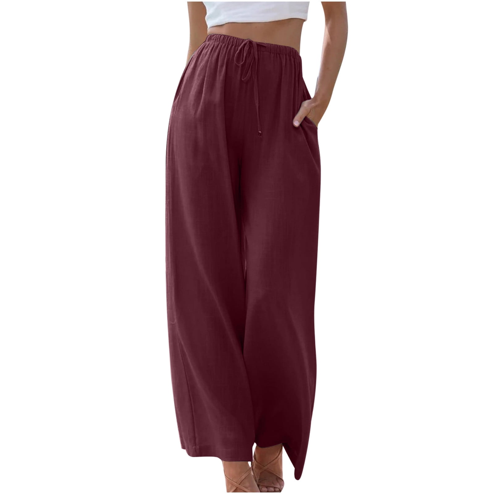 Burgundy Wine Loose Fit Pants for Women Fall Summer Faux Linen Lounge ...