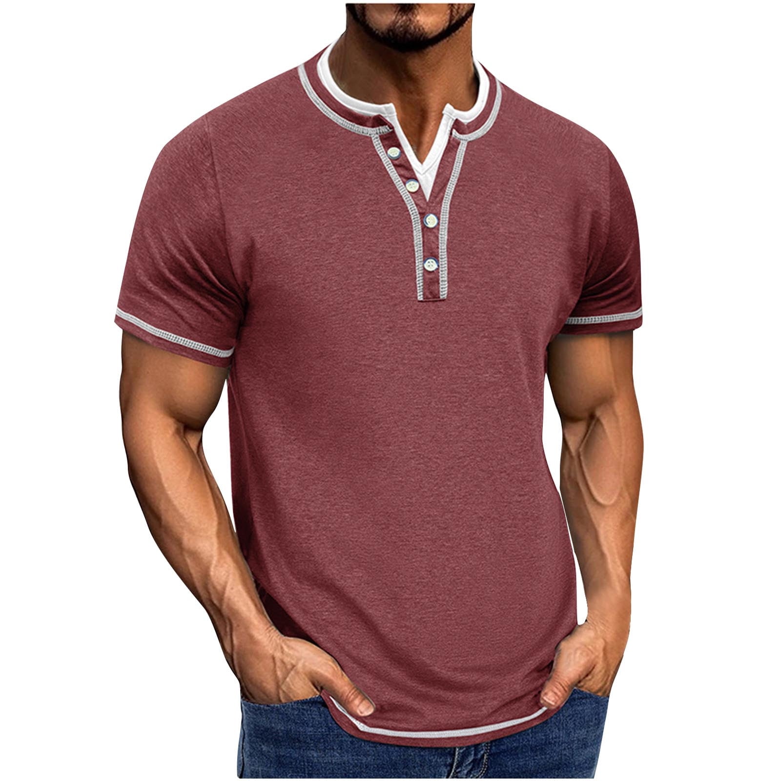 Burgundy Wine Man Color Block T Shirts Crew Collared Henley Neck Tee ...