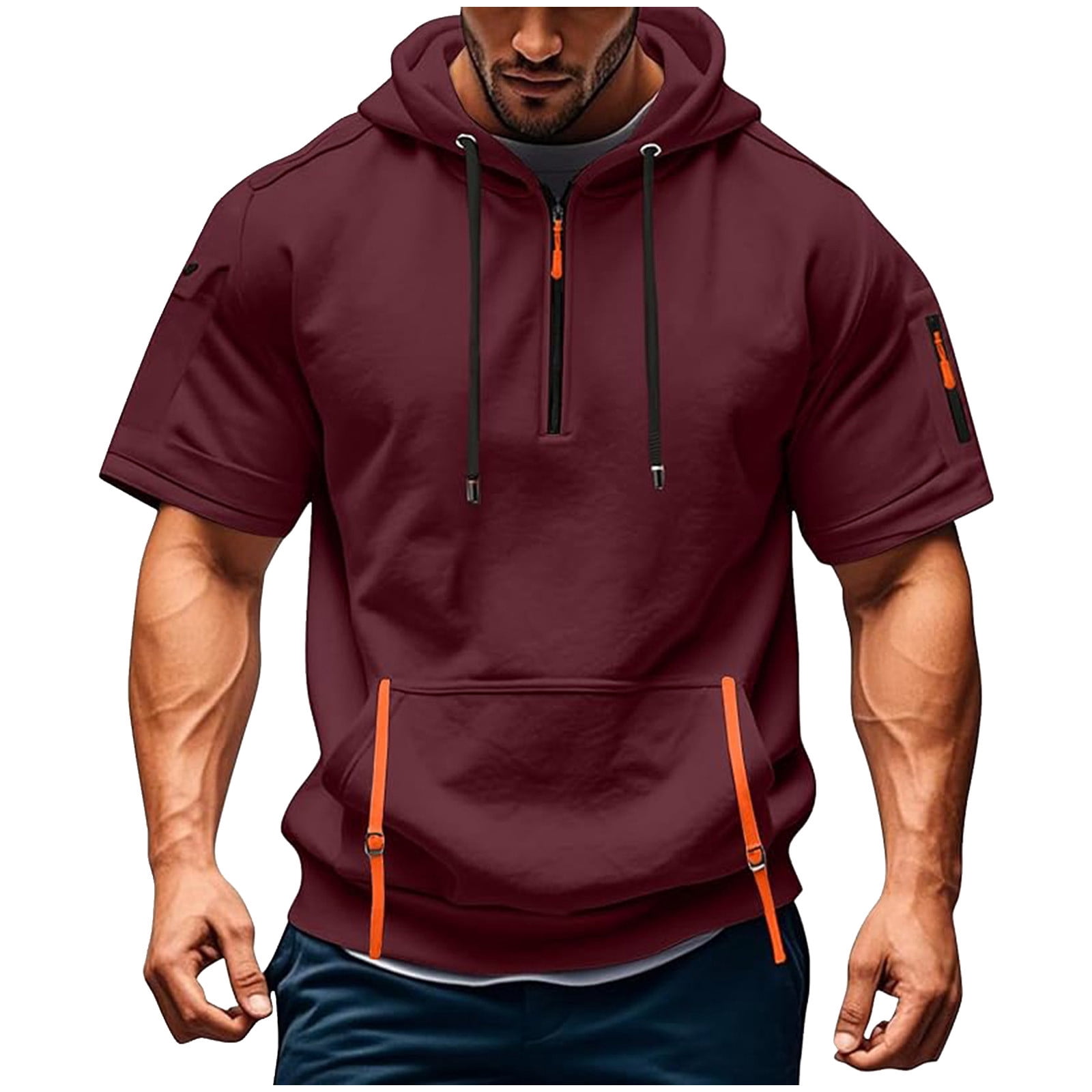 Burgundy Wine Man Hooded Plain Hood Coat for Mens Short Sleeve Casual ...