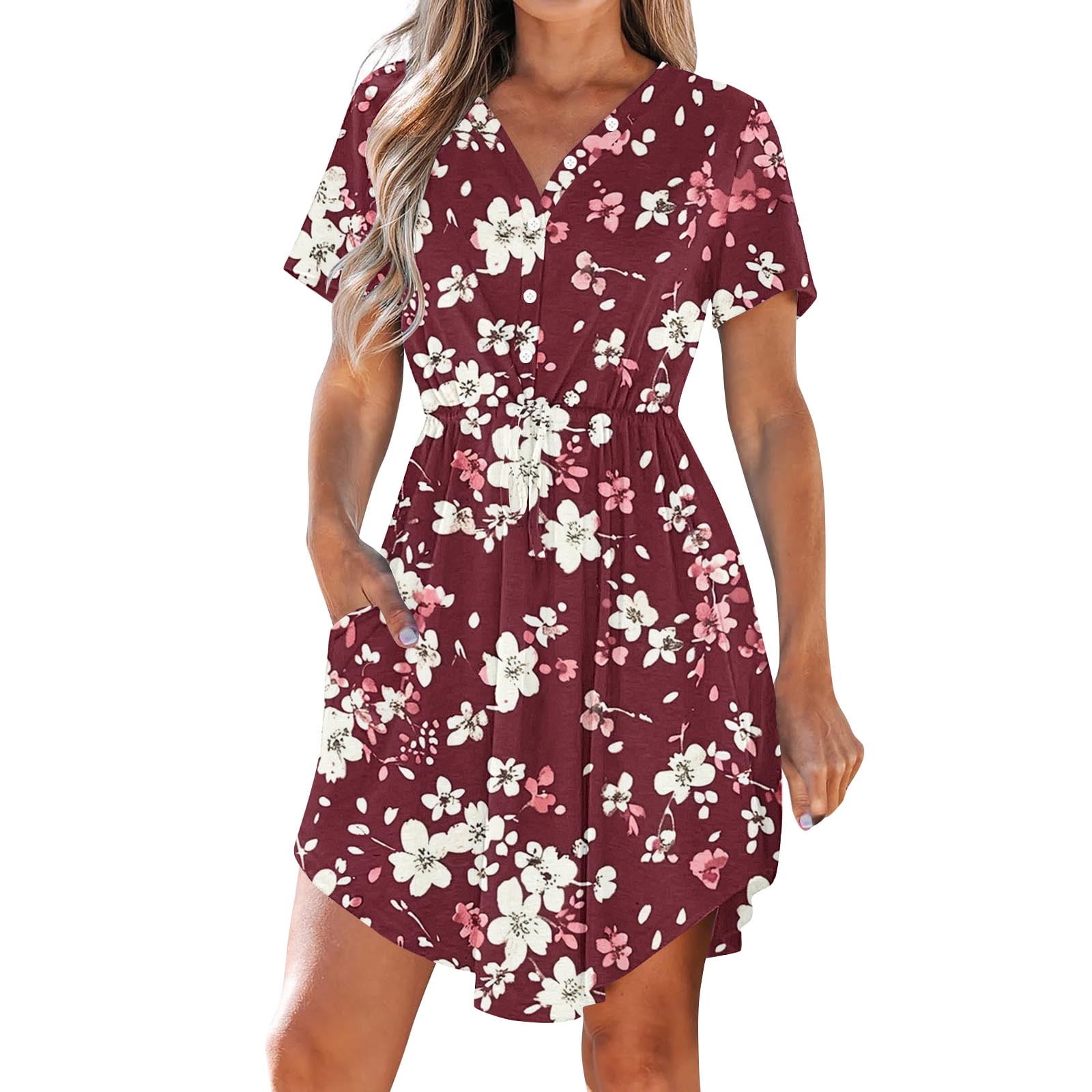 Burgundy Wine Short Sleeve Dresses for Women Fall Summer Vneck Spandex ...