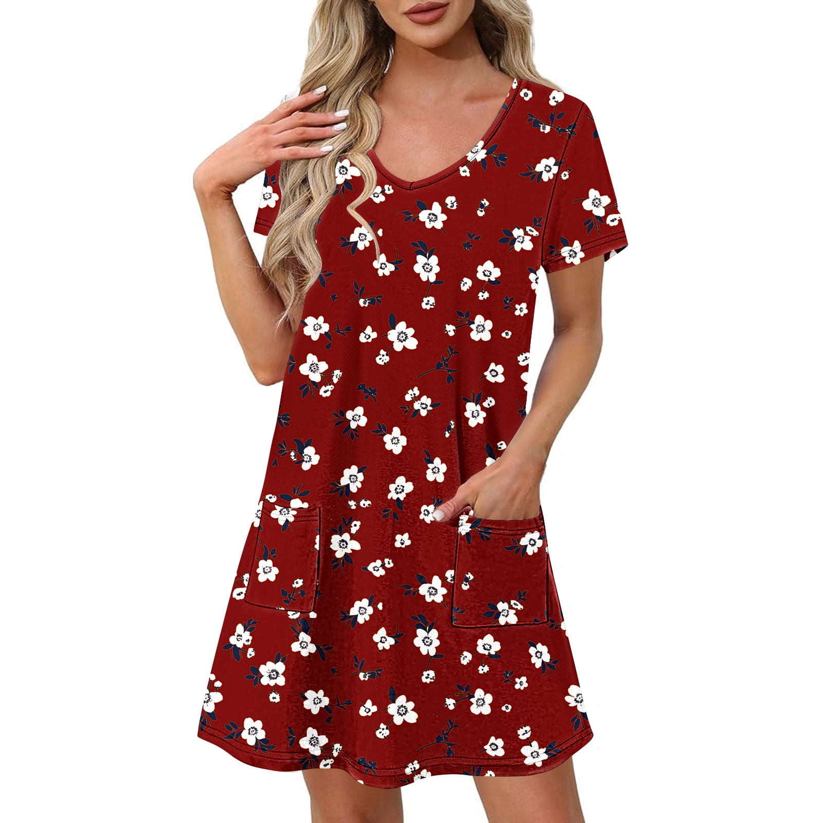 Burgundy Wine Short Sleeve Dresses for Ladies Summer Fall Vneck Spandex ...